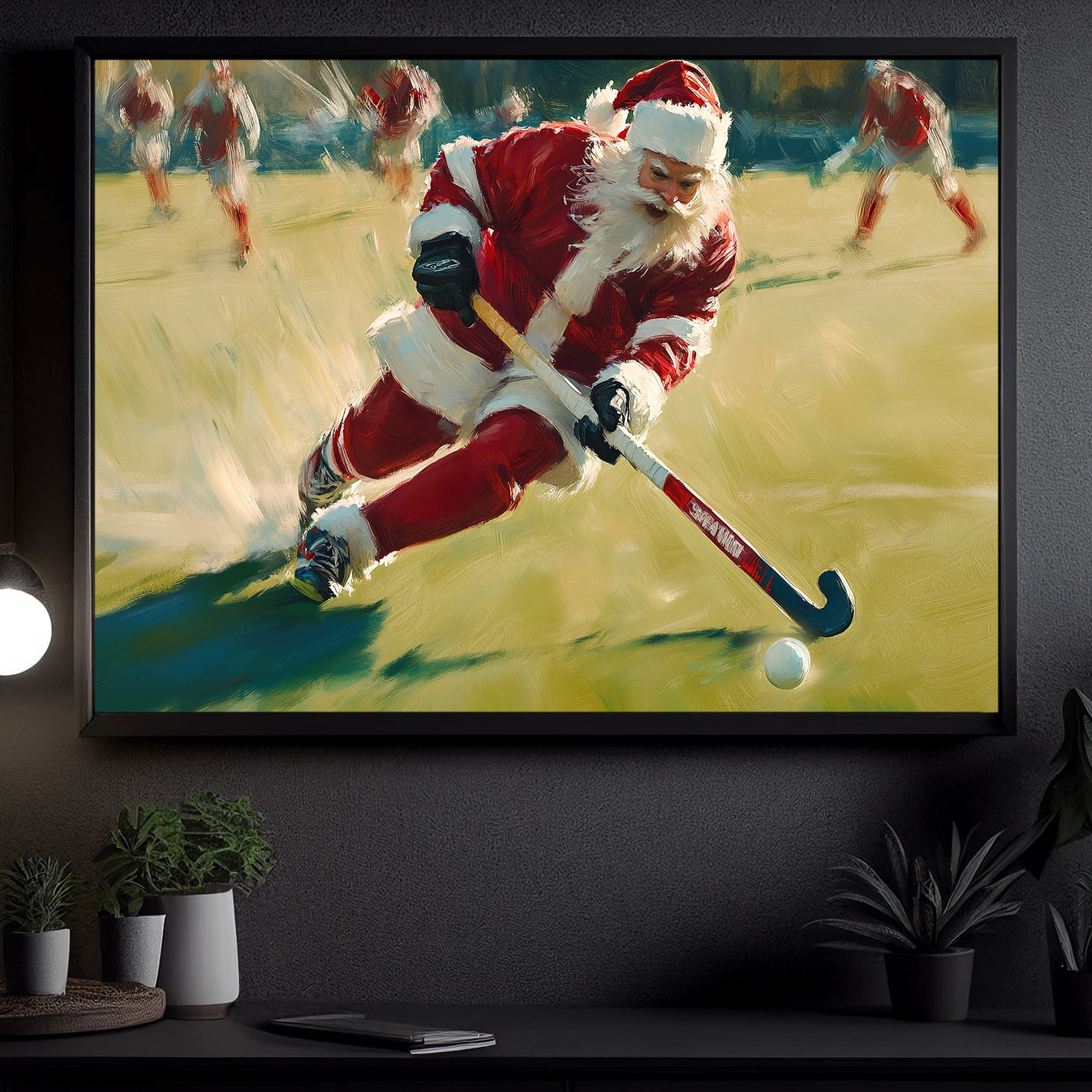 Funny Christmas Santa Claus Playing Field Hockey Style Canvas Painting ...