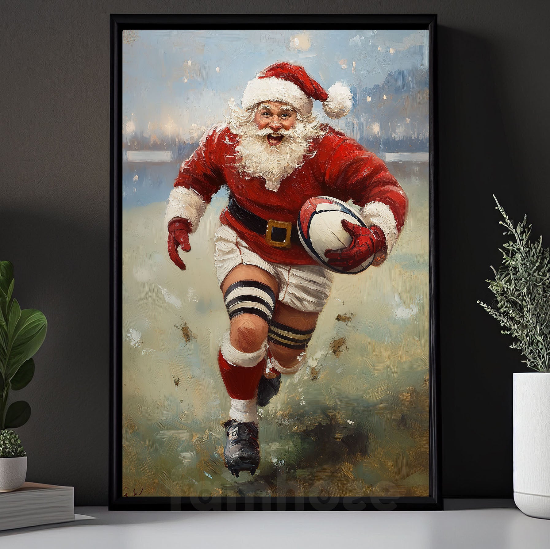 Christmas Rugby Canvas Painting, Santa Claus Playing Rugby Sports Wall ...