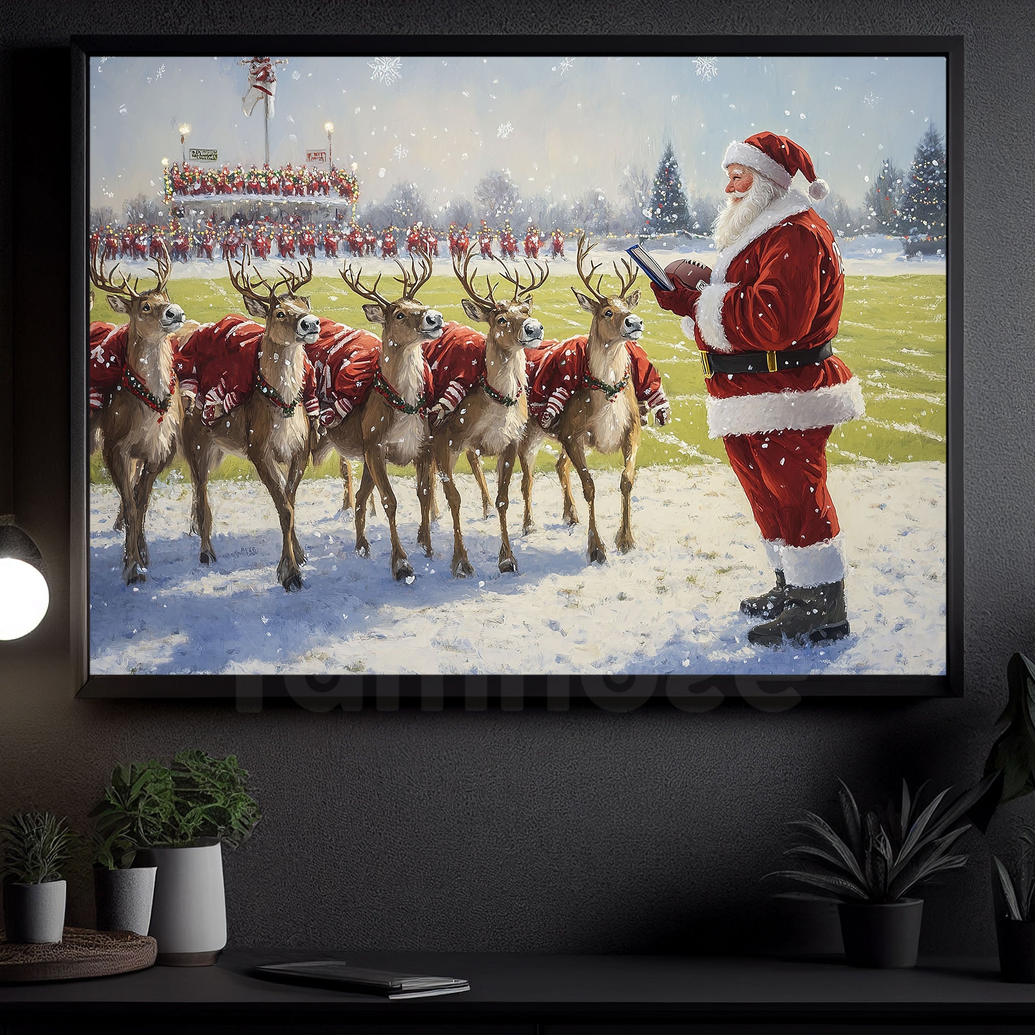 Christmas Football Canvas Painting, Reindeer Football Team With Santa ...