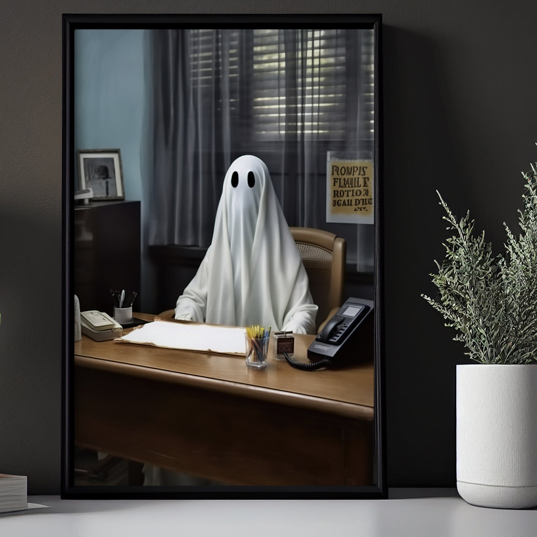 Vintage Ghost In Office Canvas Art Print - Dark Surreal Gothic Creepy ...