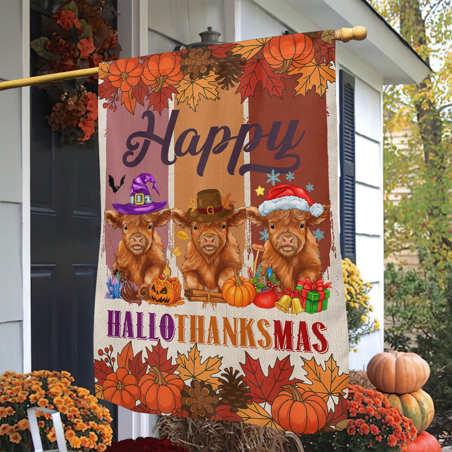 Funny Cow Garden & House Flag, Happy HalloThanksMas Cow Yard Flag, 3 S ...