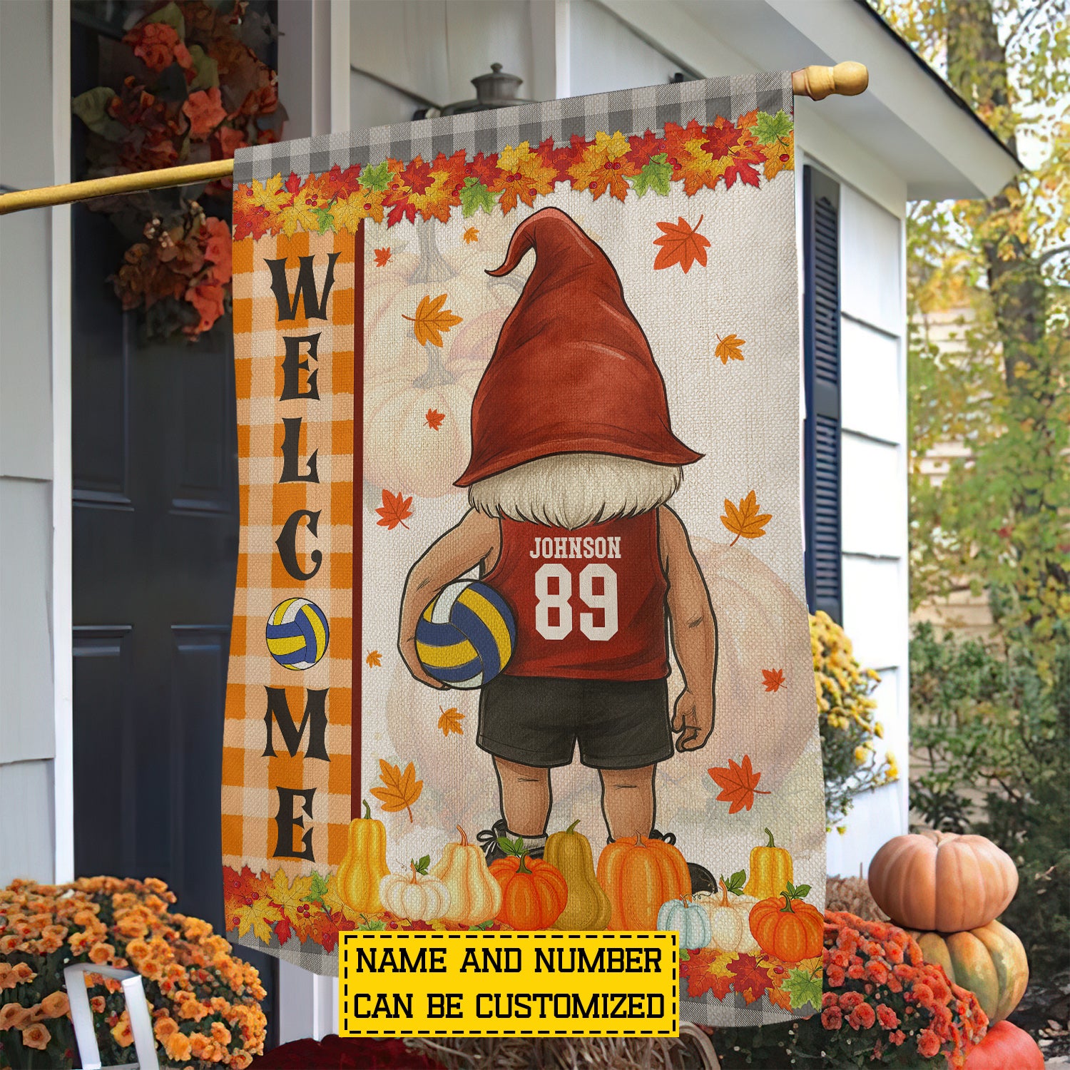 Personalized Thanksgiving Volleyball Gnomie Garden & House Flag, Welco ...