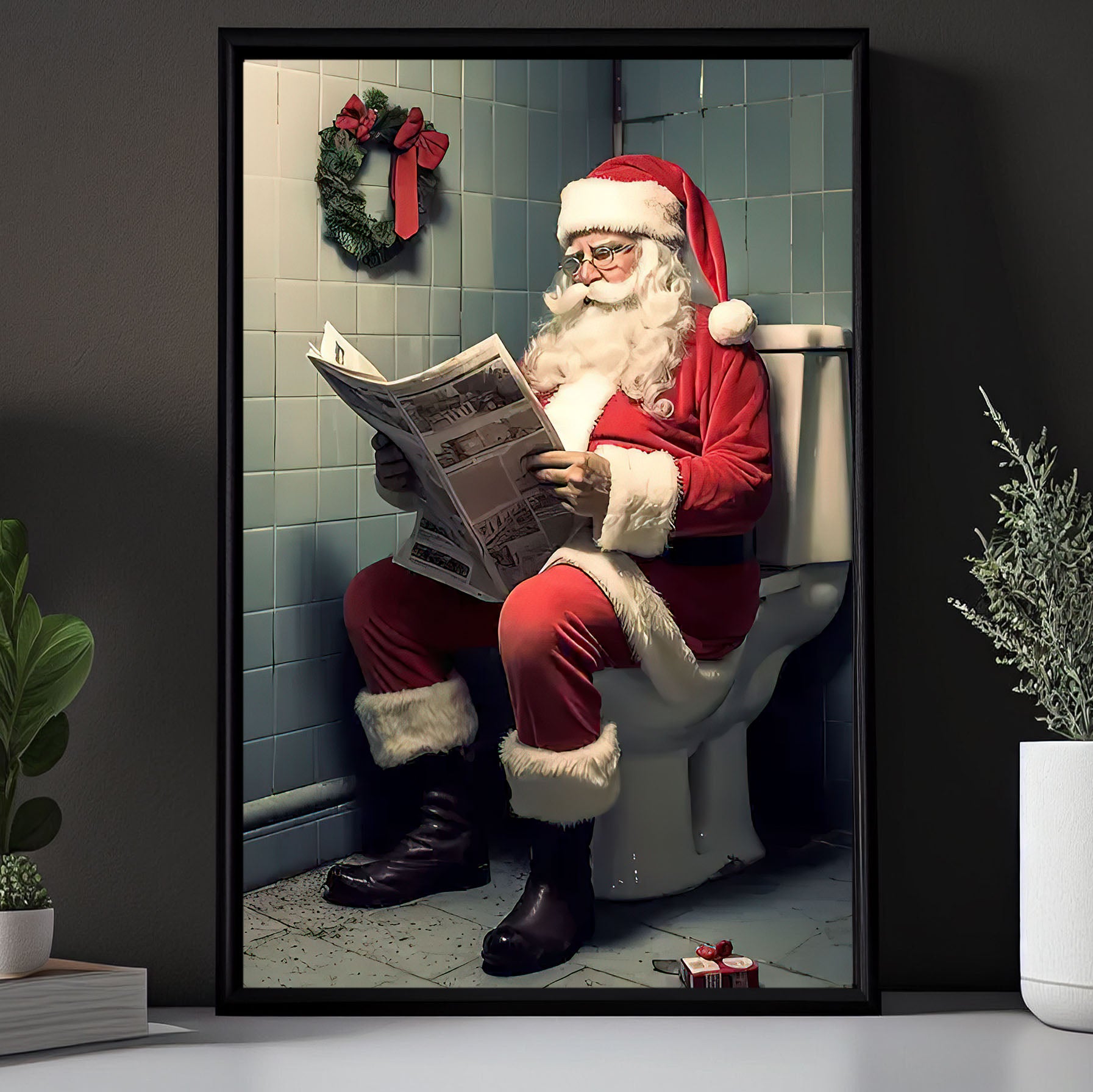 Funny Santa Claus On Toilet Bathroom, Santa Claus Canvas Painting, Xma ...