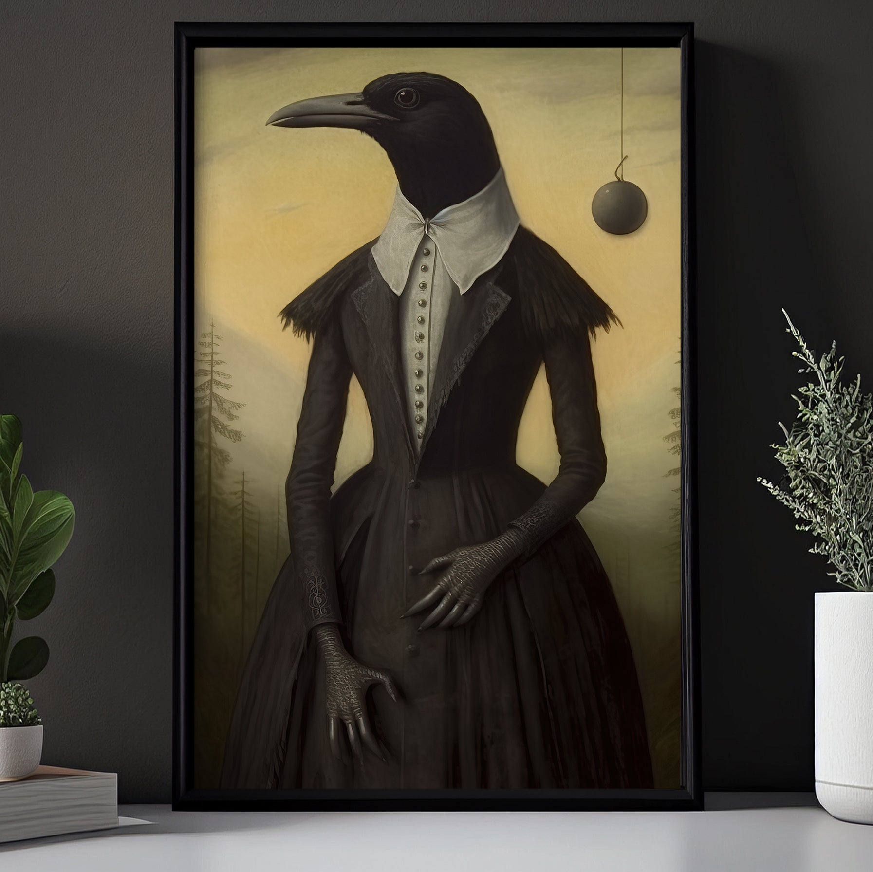 The Black Raven Female In Dark Dress, Victorian Raven Canvas Painting ...
