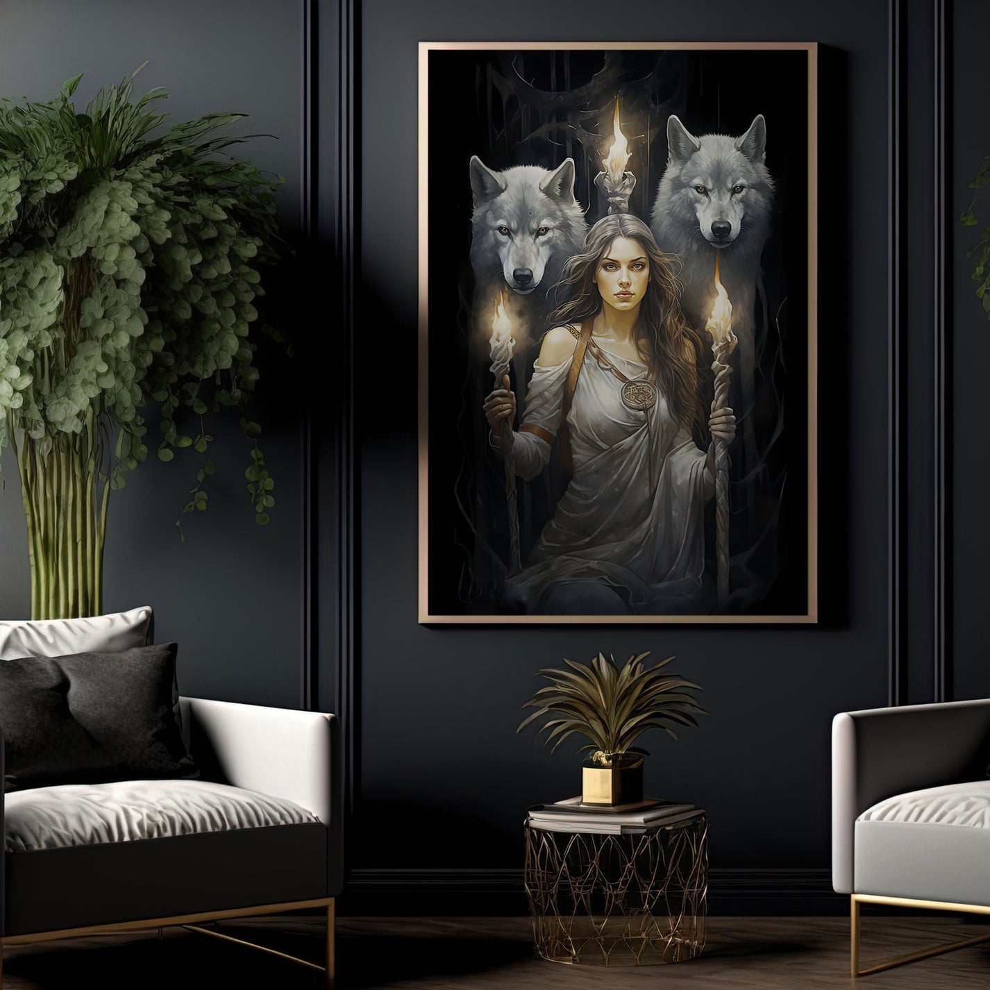 Goddess Protector Of Women With Wolf, Goddess Canvas Painting, Wall Ar ...