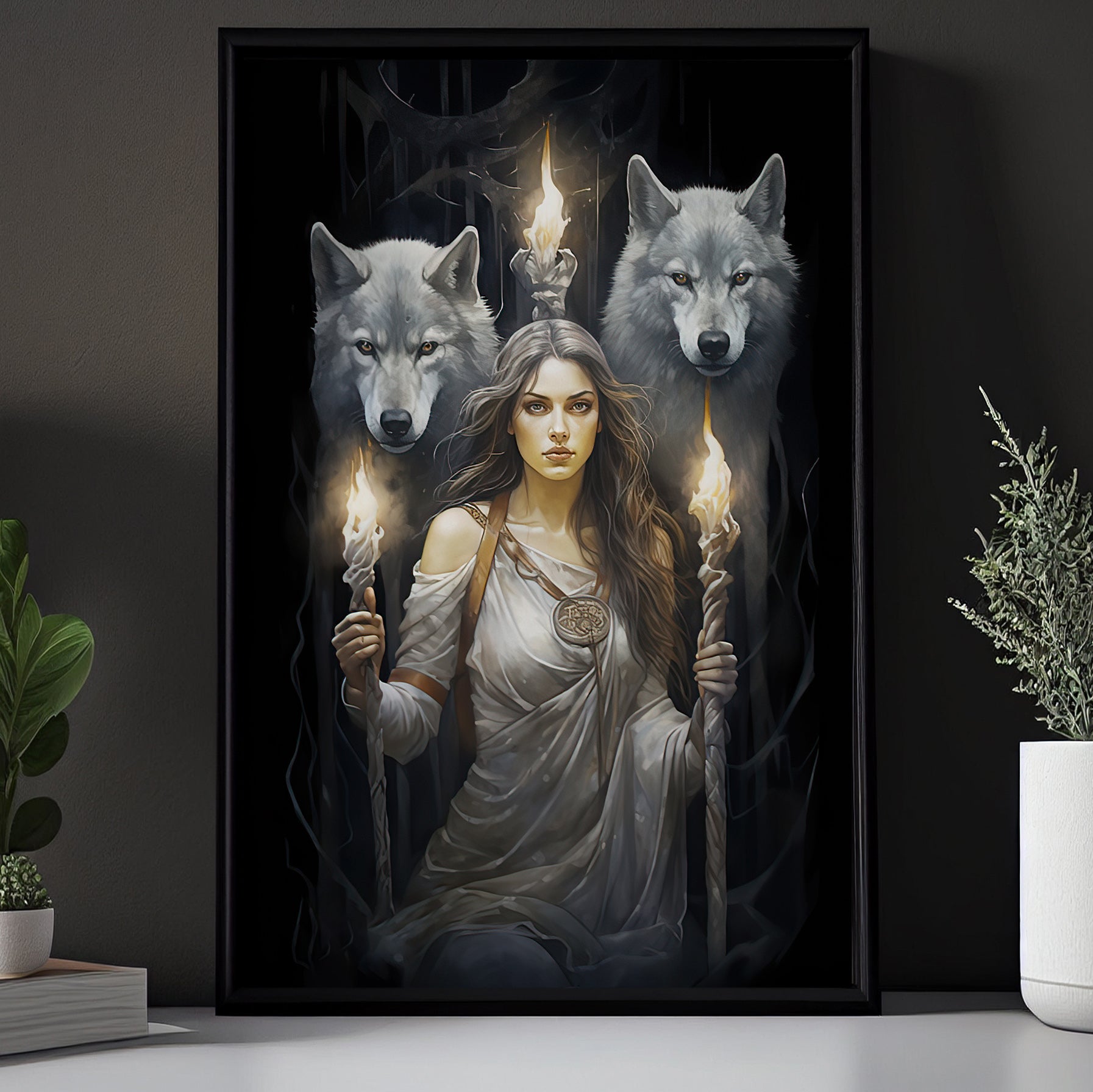 Goddess Protector Of Women With Wolf, Goddess Canvas Painting, Wall Ar ...