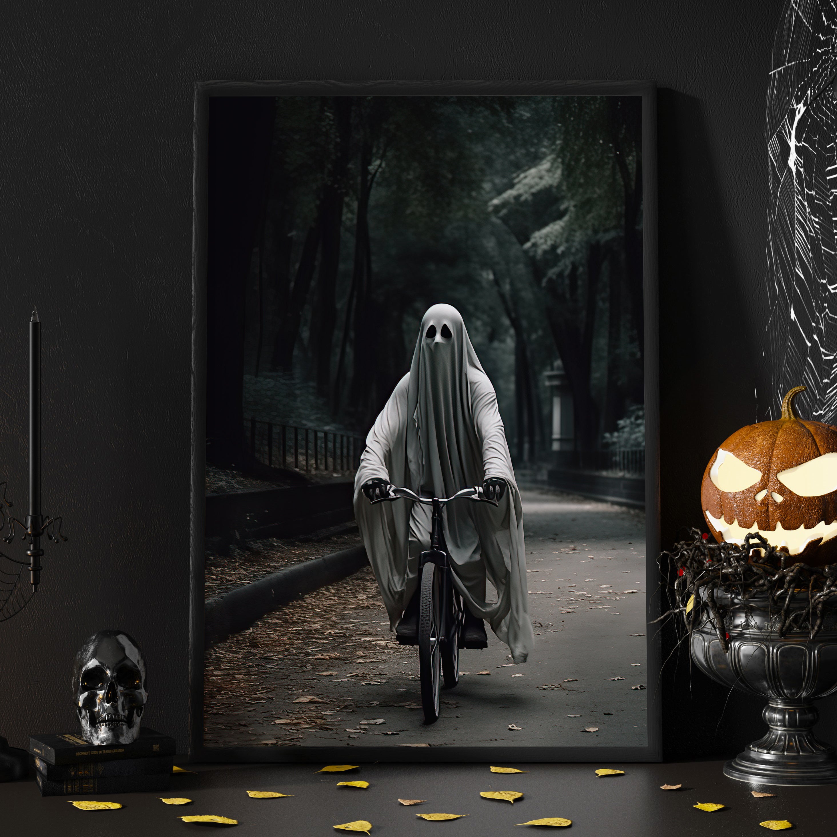 The Spooky Ghost Cycling In Park Vintage Gothic Halloween Canvas Paint ...