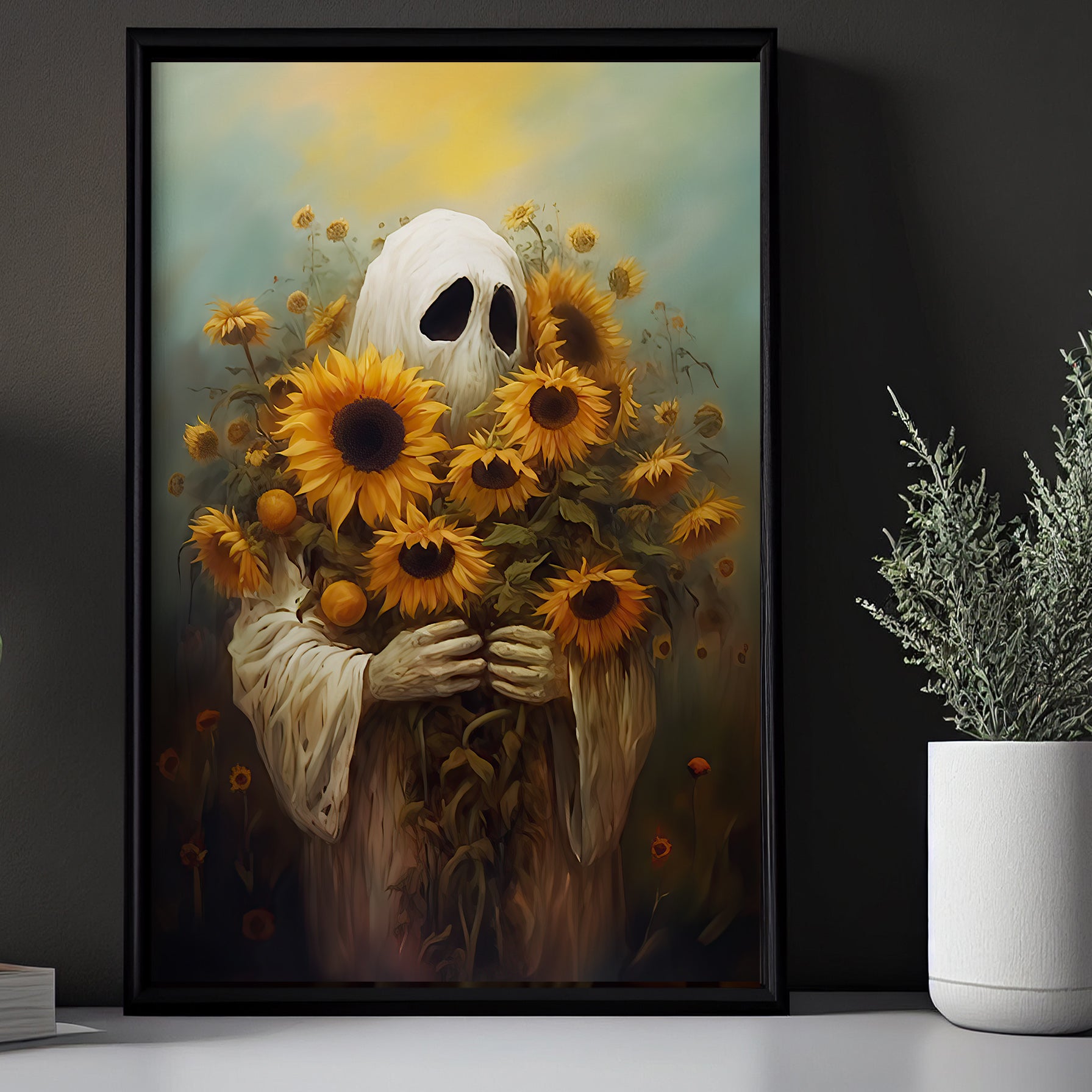 The Ghost Hold Sunflowers Vintage Canvas Art Print - Dark Gothic Flora ...