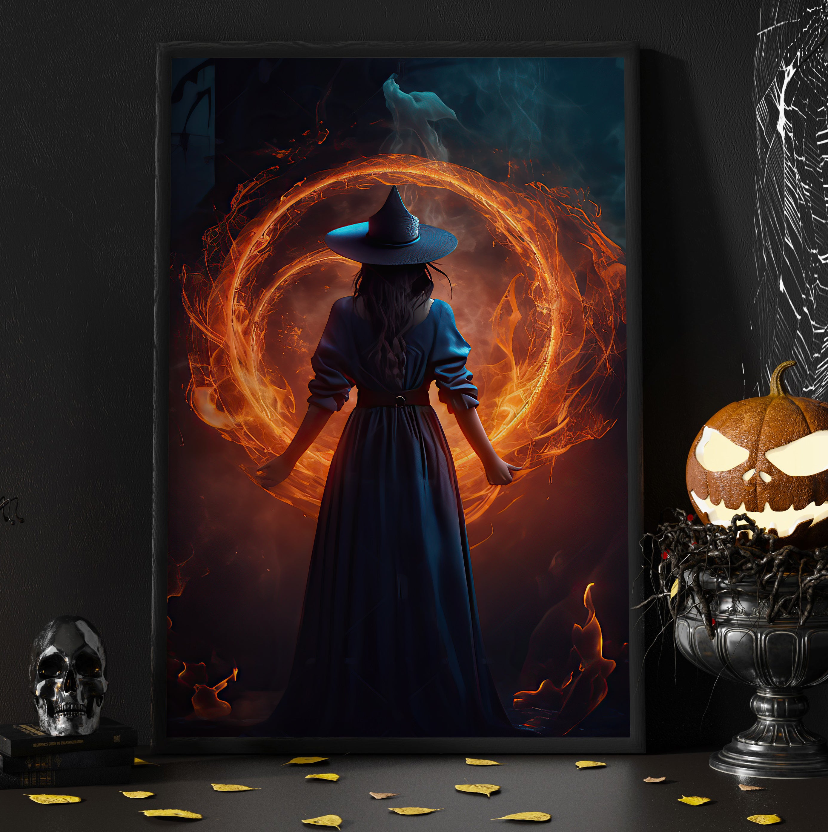 Magical Witch In Fire Circle Vintage Gothic Wall Art Print - Dark Surr ...