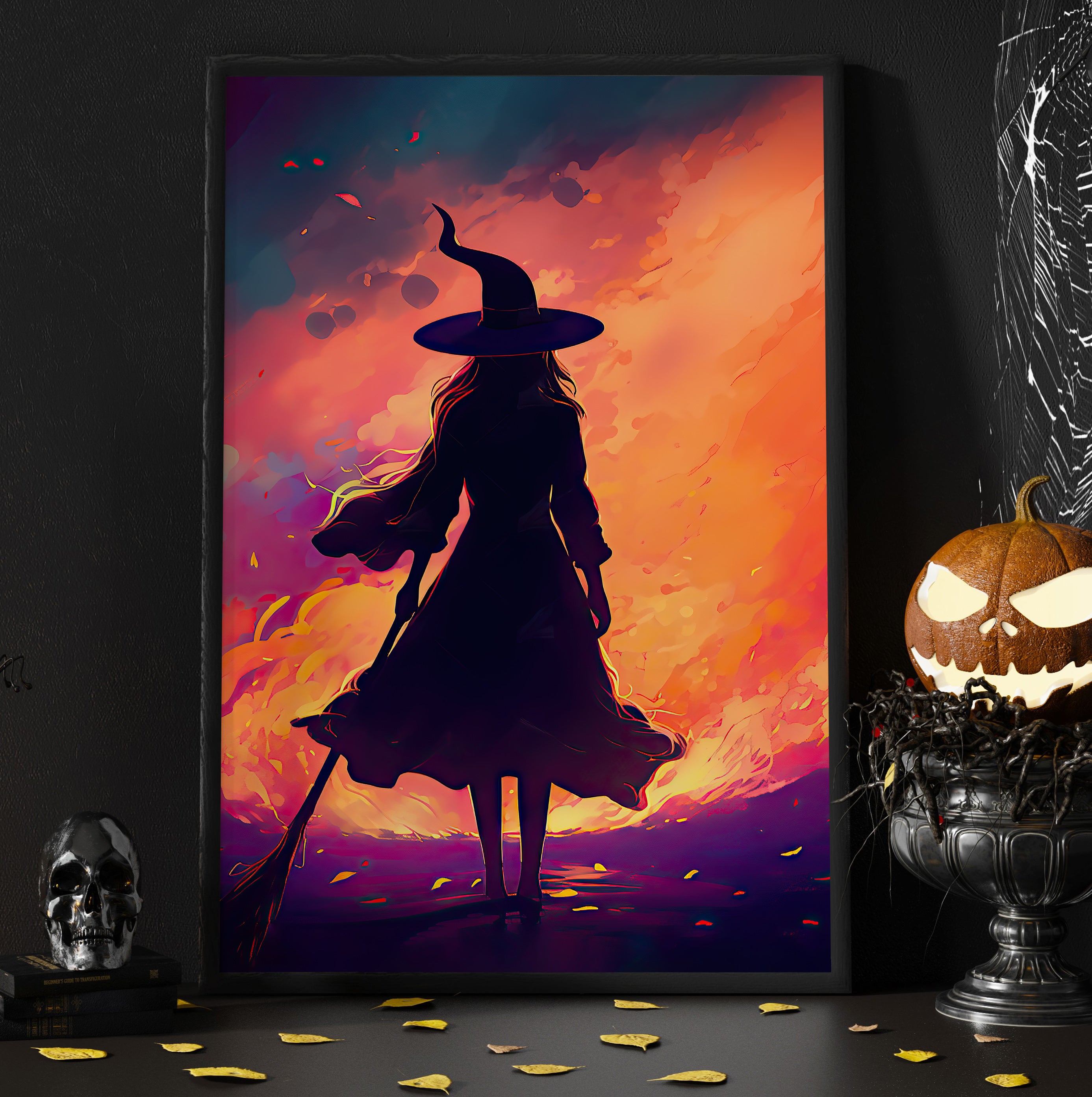 Magical Witch In Starry Night Halloween Canvas Painting, Wall Art Deco ...