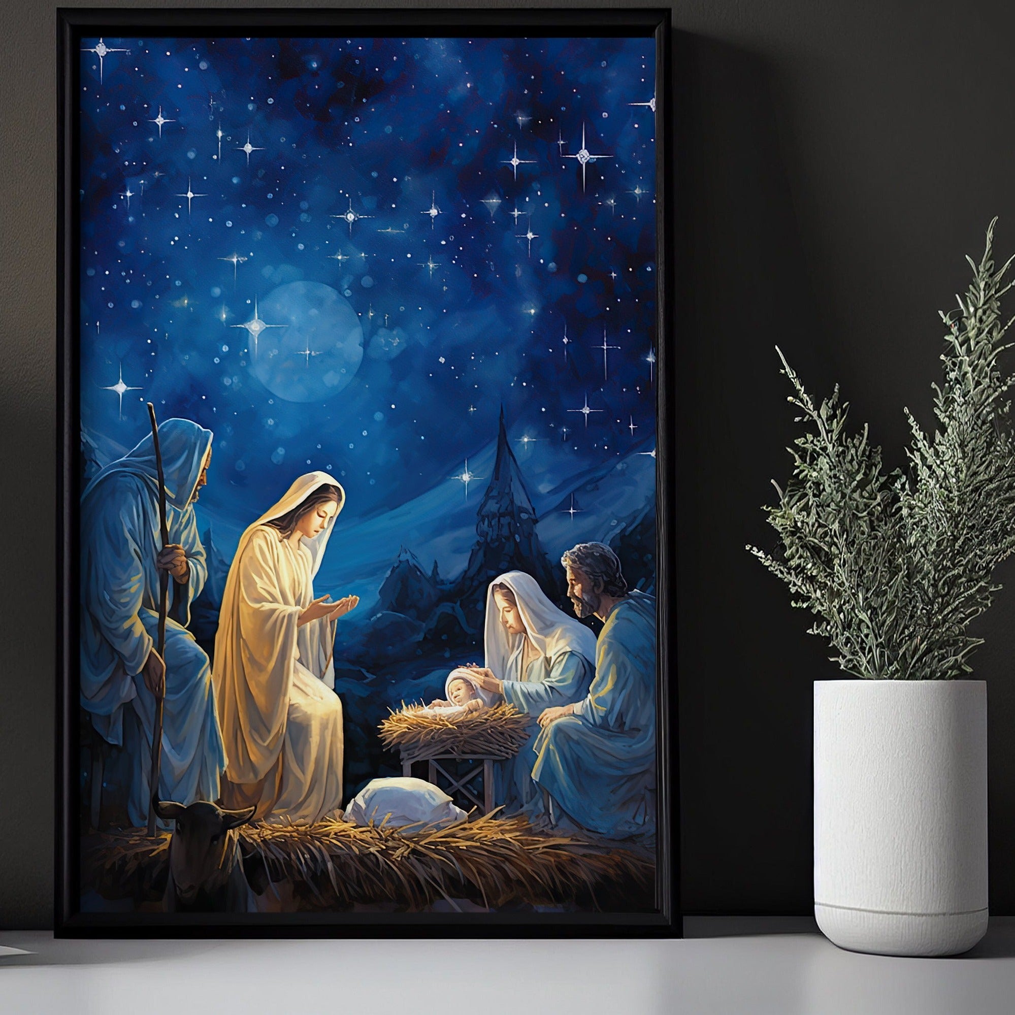 Starry Night Of The Nativity, Jesus Christmas Canvas Painting, Xmas Wa ...