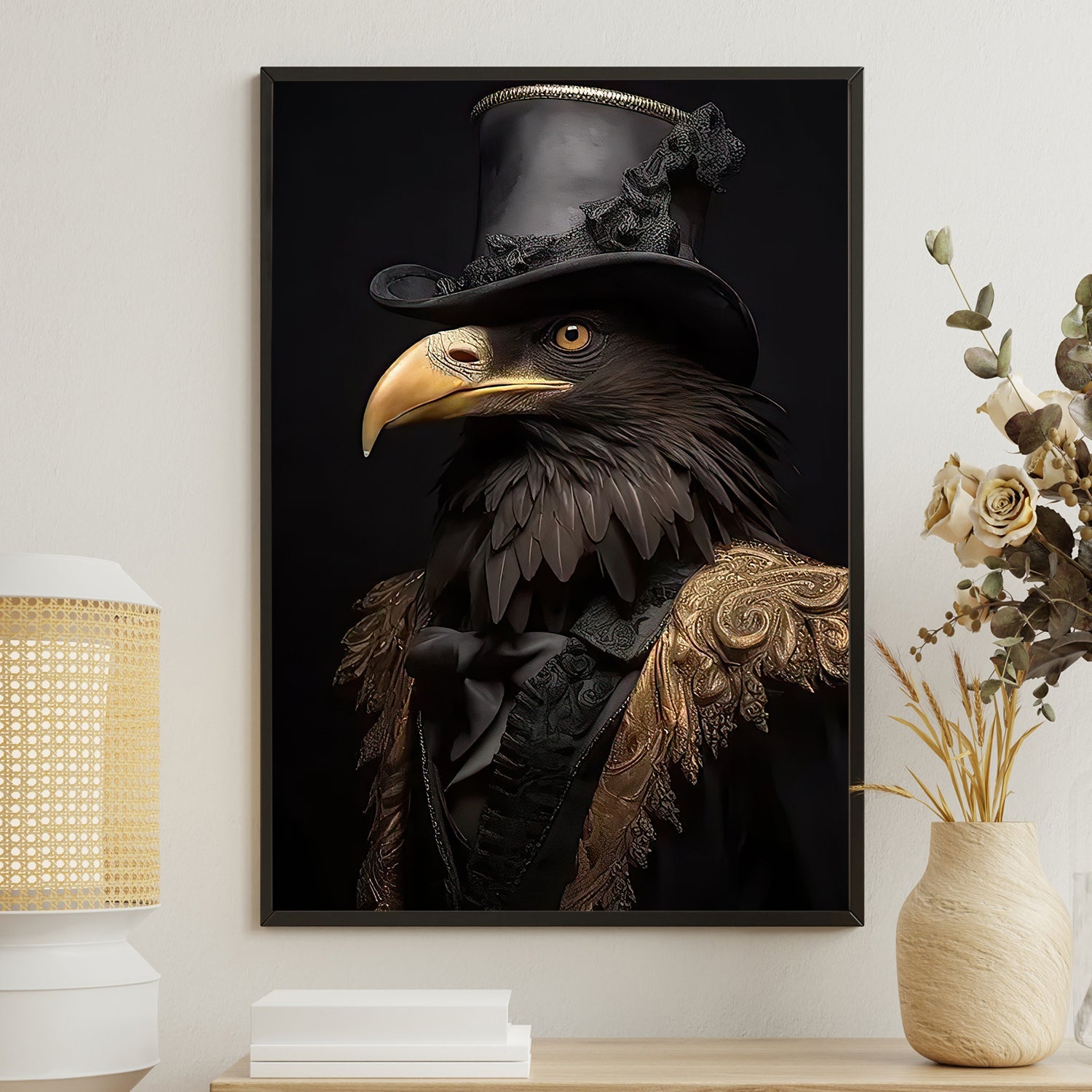 Black Raven Wear Hat, Black Raven Victorian Canvas Painting, Wall Art ...