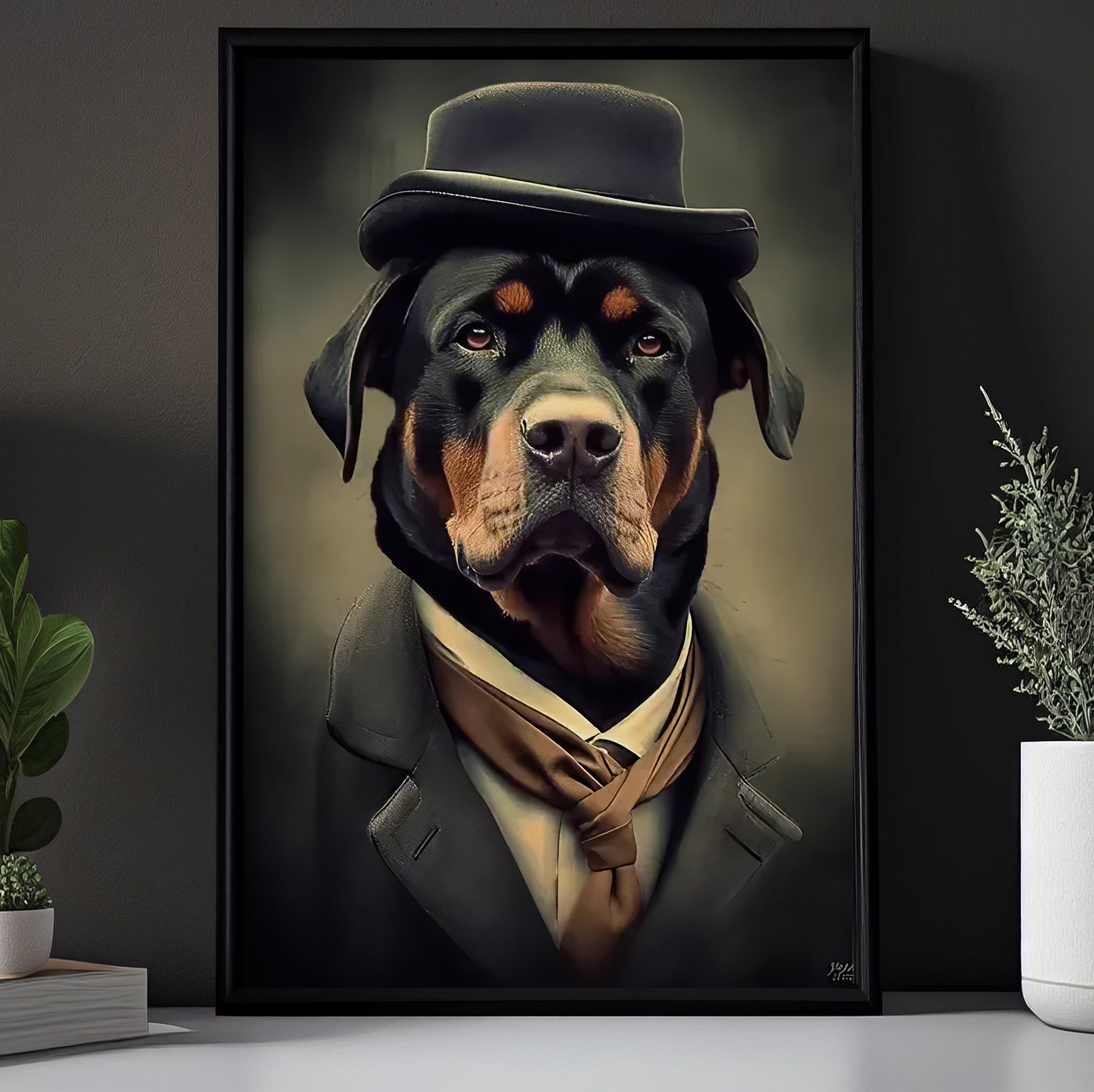 Rottweiler Dog Wear Hat, Rottweiler Dog Victorian Canvas Painting, Vic ...