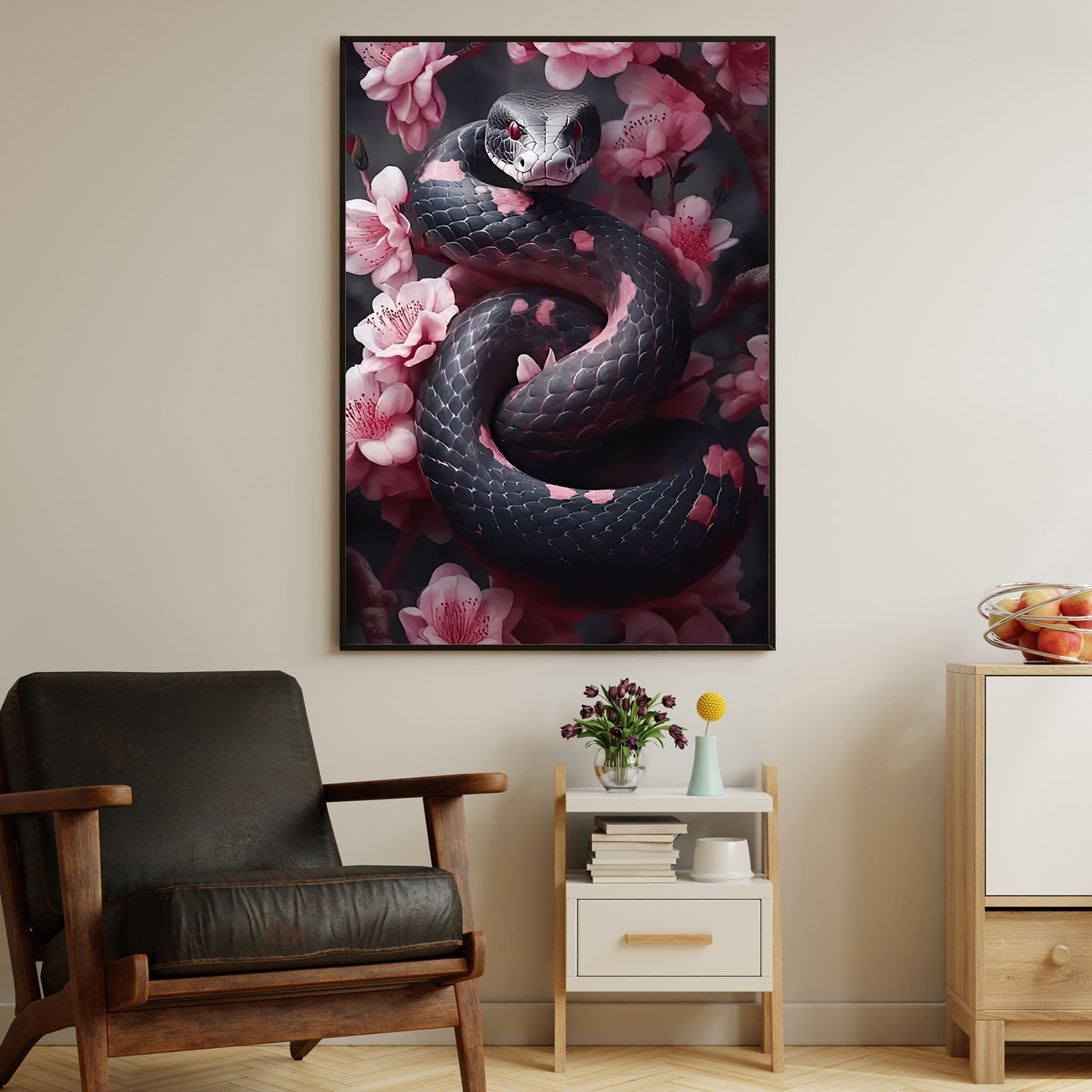Enigma Among Petals, Snake Canvas Painting, Mystical Flower Wall Art D ...