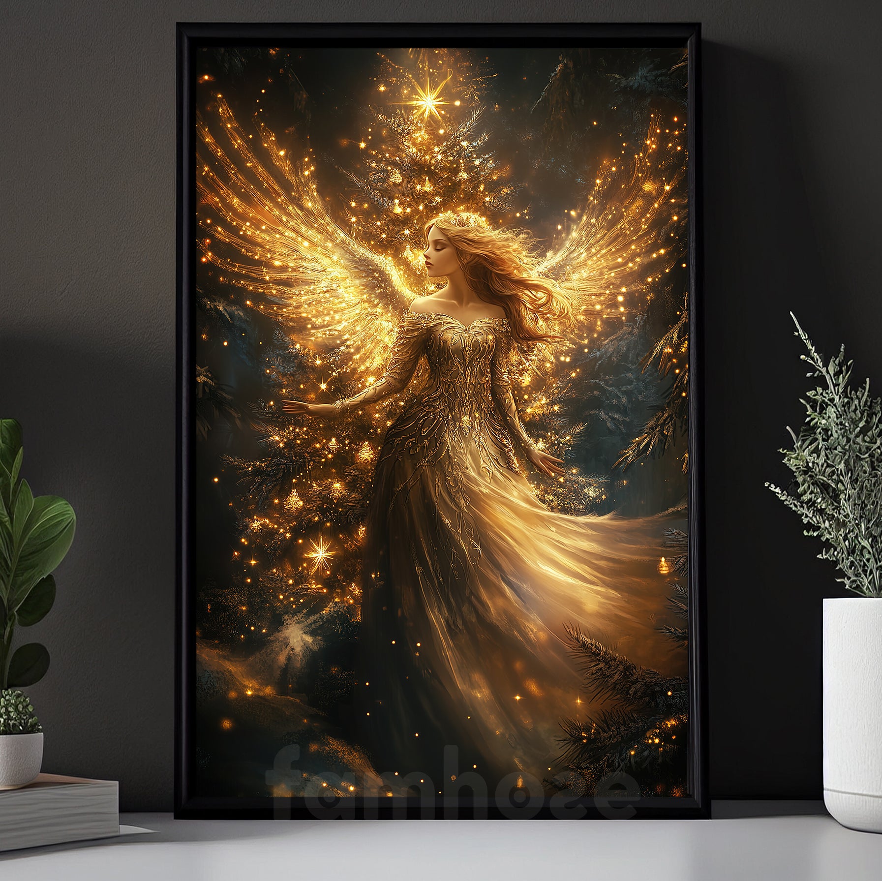 Christmas Angel Canvas Painting, Angelic Guardian In Front Of Pine Tre ...