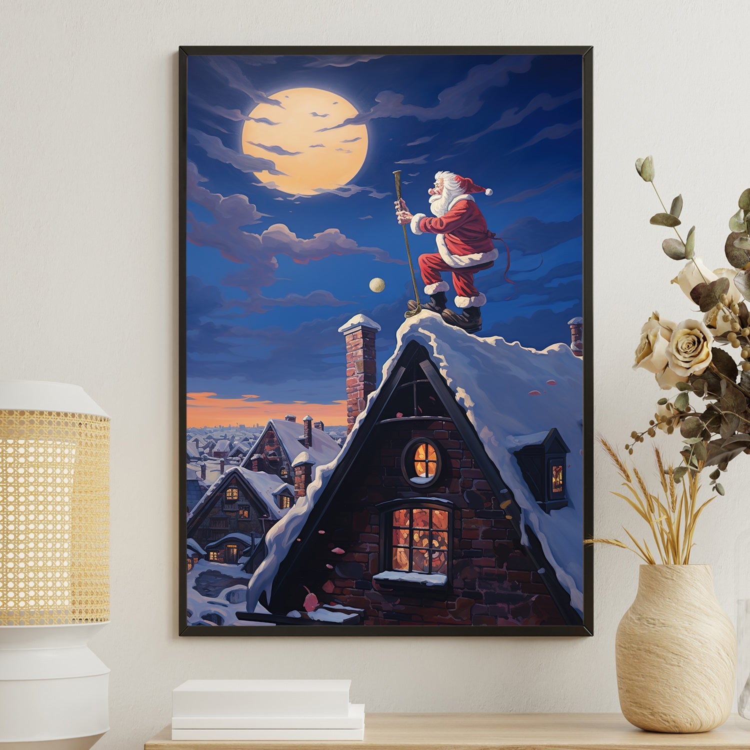 Moonlit Magic Santa's Tranquil Rooftop Respite Christmas Canvas Painti ...