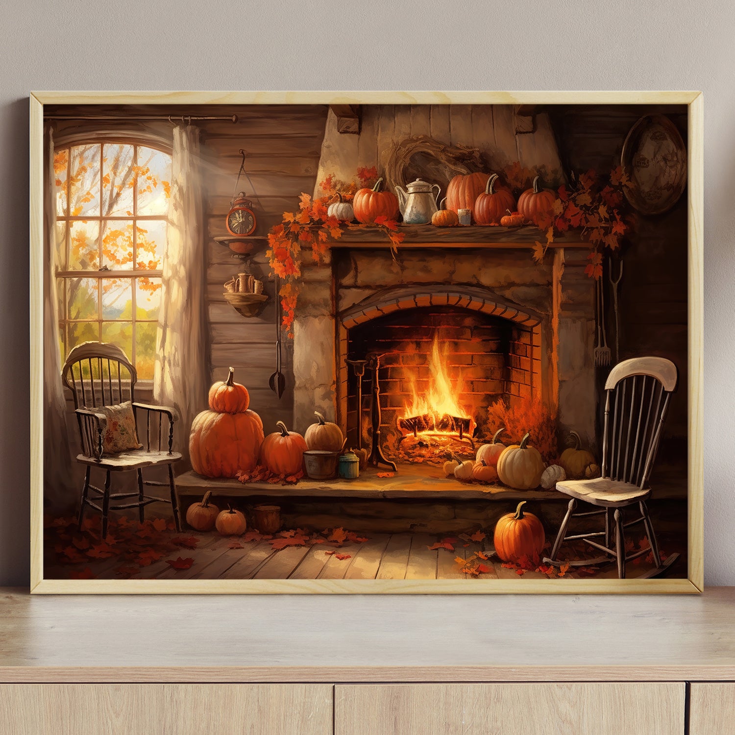Fireplace Room Space In Autumn, Thanksgiving Canvas Painting, Wall Art ...
