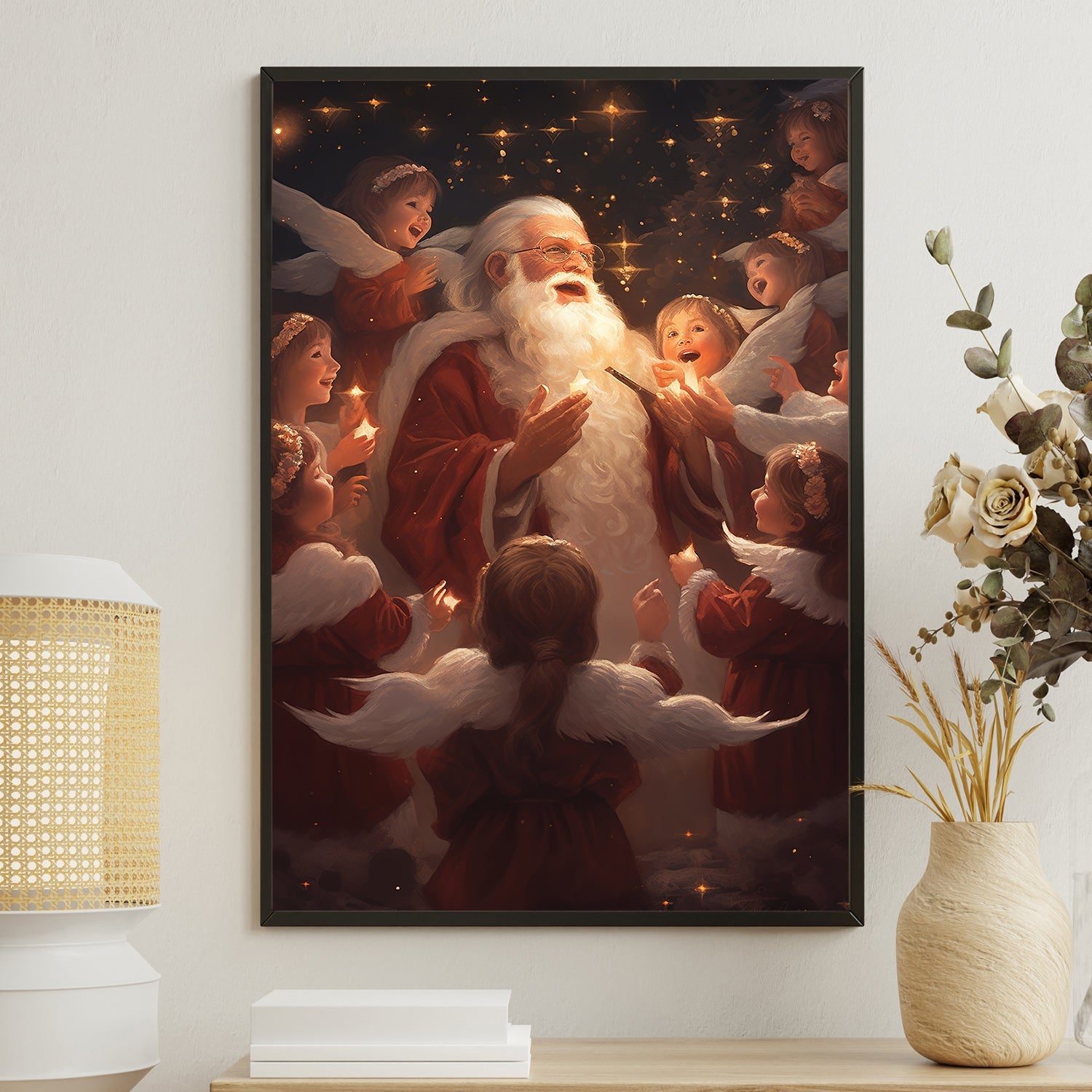 Santa Claus Surrounded By Angels, Christmas Canvas Painting, Xmas Wall ...