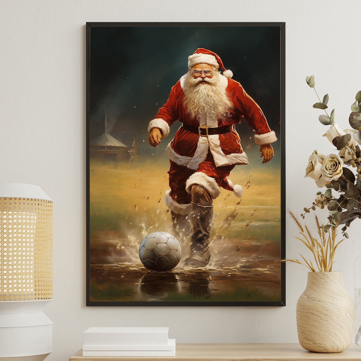 Santa Claus Kicking a Soccer Ball, Christmas Canvas Painting, Xmas Wal ...