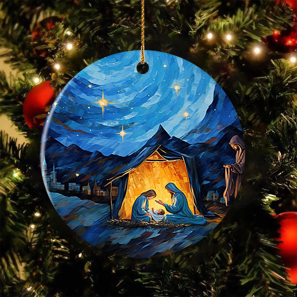 A Celestial Celebration of Birth, Nativity Scene Circle Ceramic Orname ...