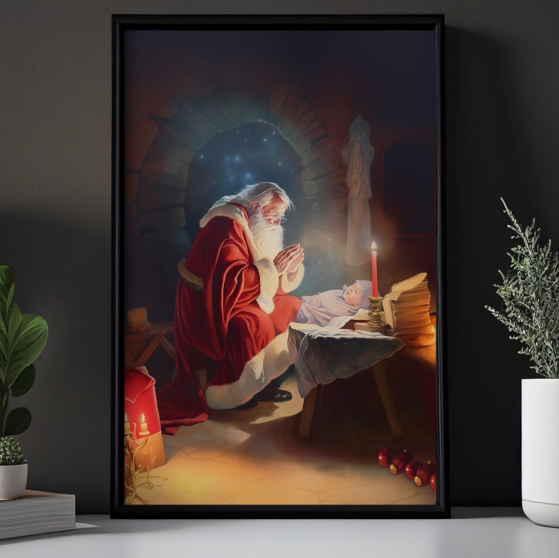 Santa Claus Kneeling At The Manger, Santa Claus Christmas Canvas Paint ...