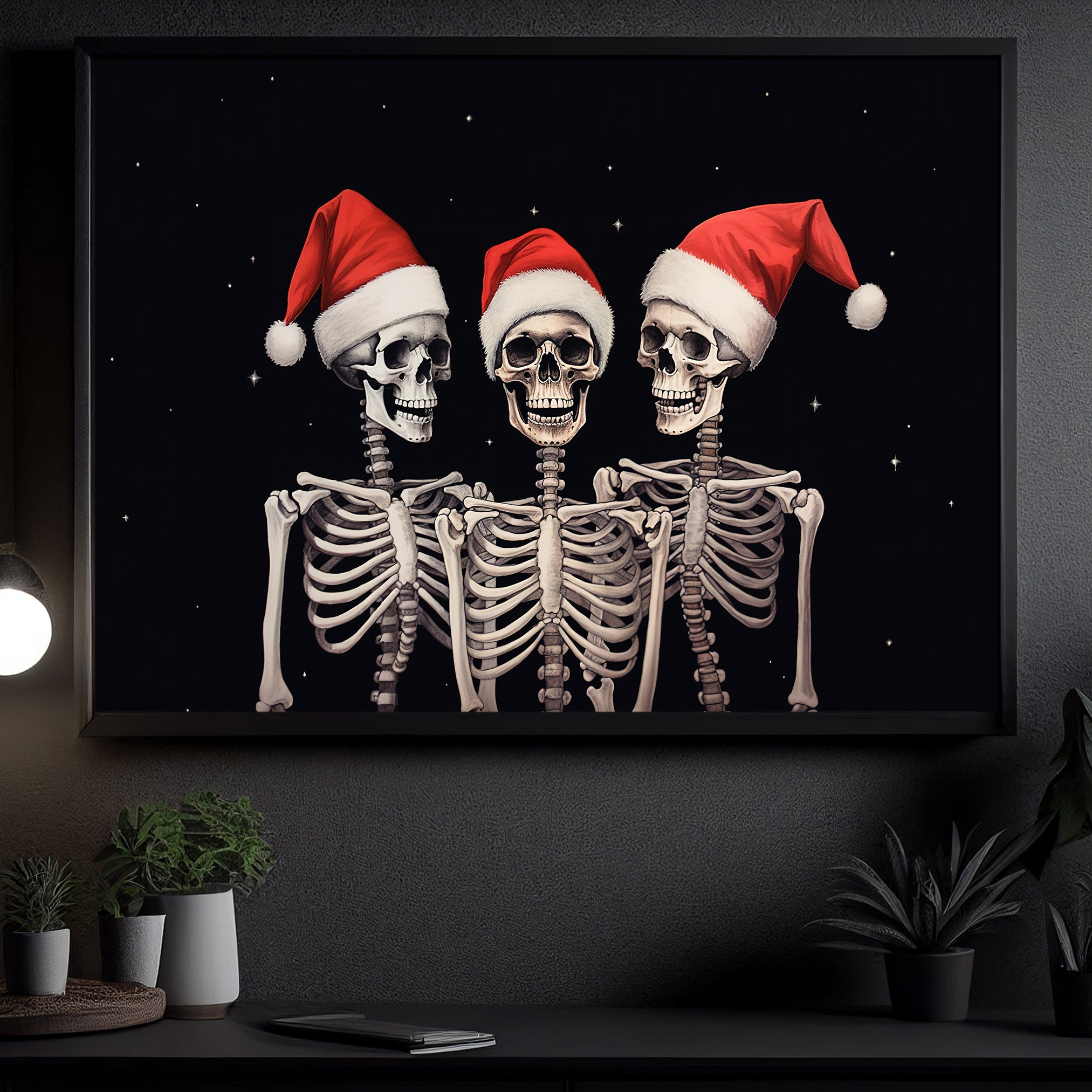Three Skeletons Wear Santa Hats, Skeleton Christmas Canvas Painting, X ...