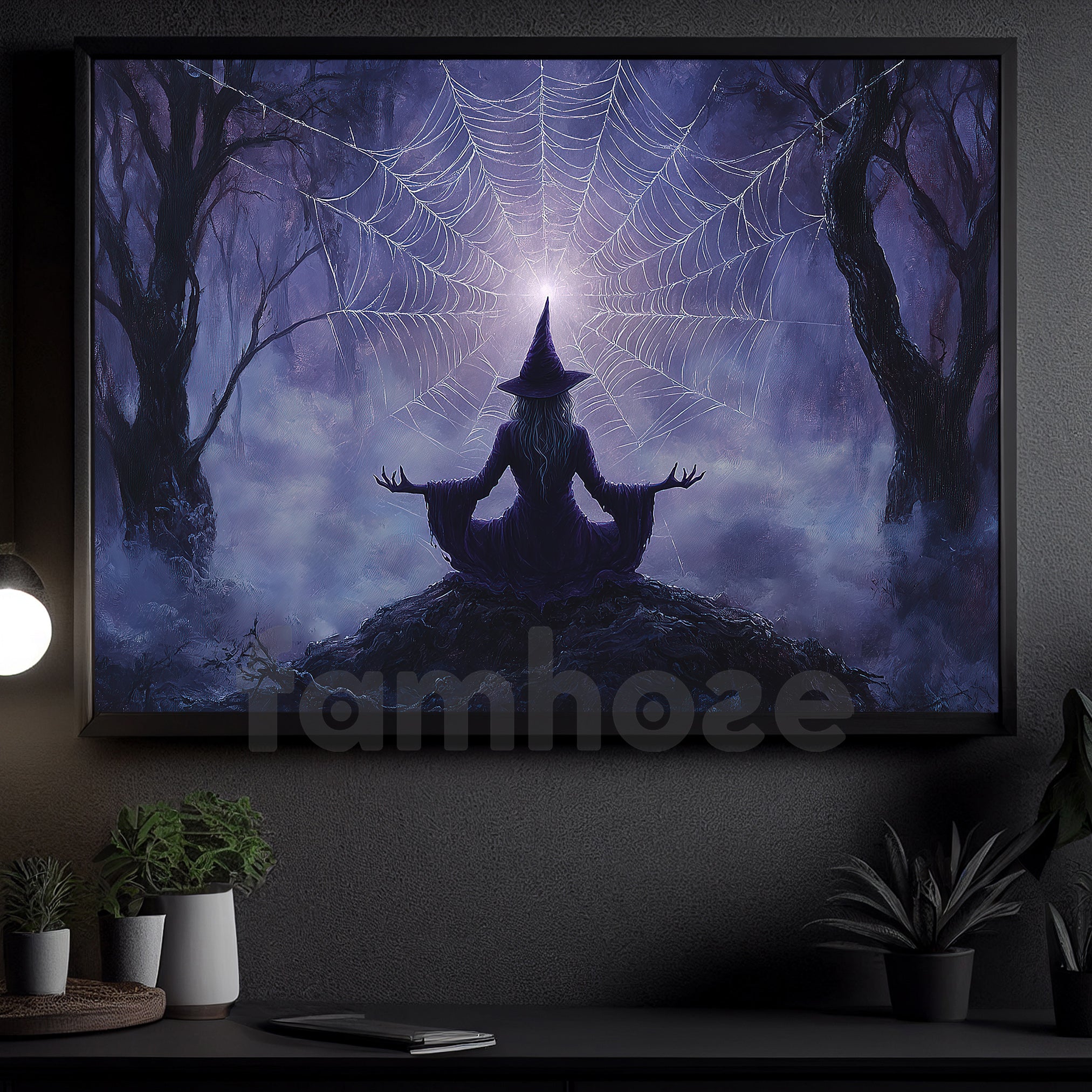 Vintage Halloween Witch Meditation Canvas Painting, Web Of Spells Wall ...