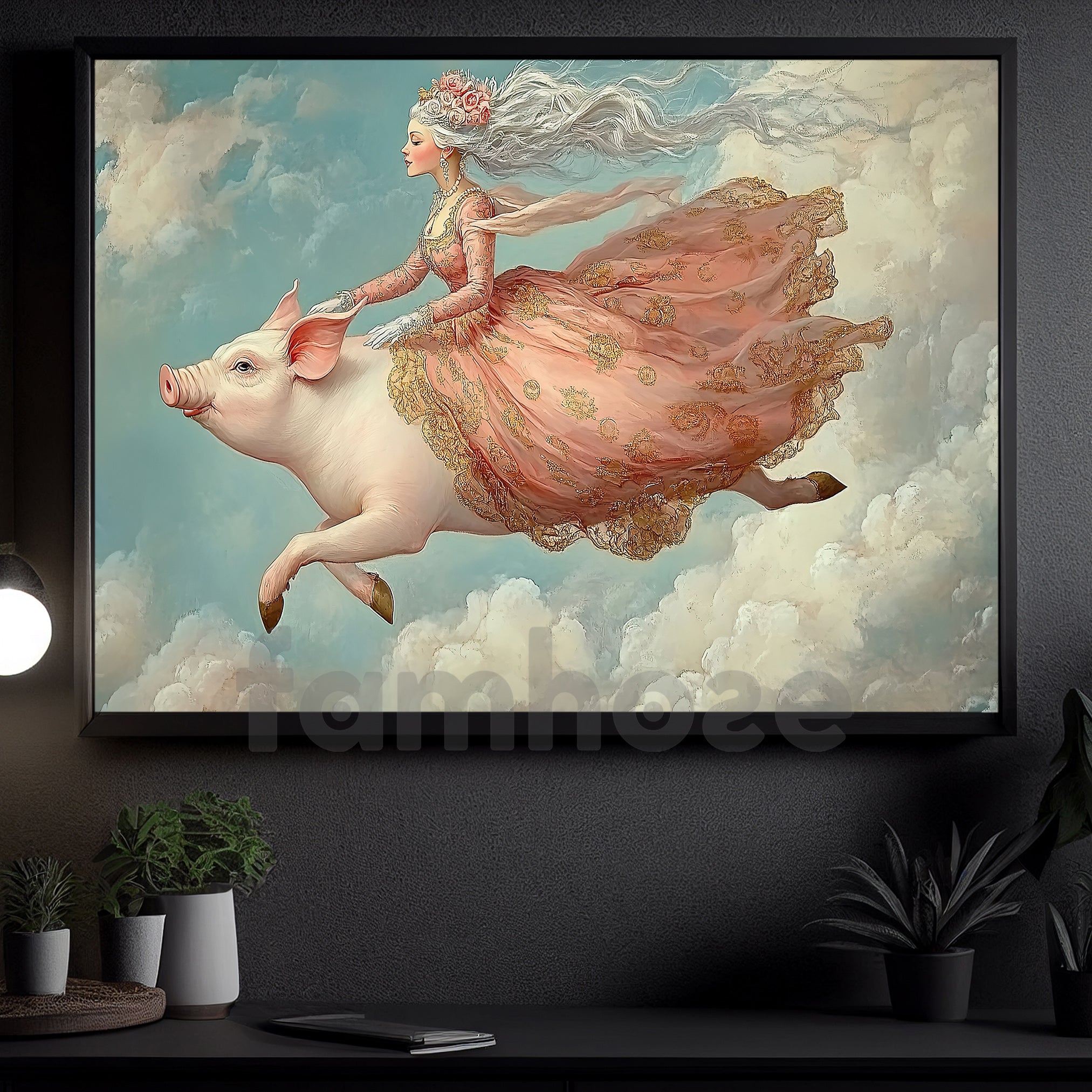 Funny Flying Pig Canvas Painting, Fantasy Princess Riding Pig Wall Art ...