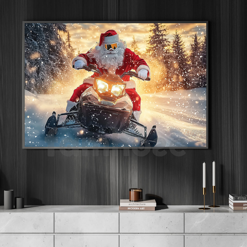 Christmas Snowmobiling Canvas Painting, Santa Claus Driving Snowmobile ...