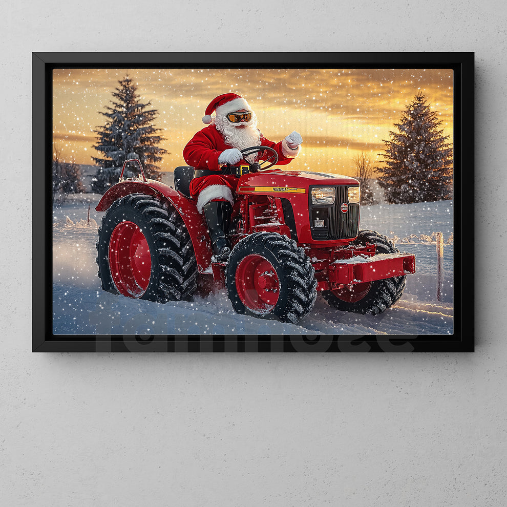 Christmas Farm Tractor Canvas Painting, Santa Rides A Red Tractor Wall ...