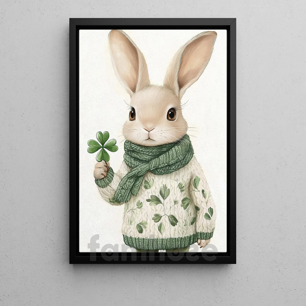 Four-Leaf Clover Canvas Painting, Lucky Little Bunny Holding A Clover ...