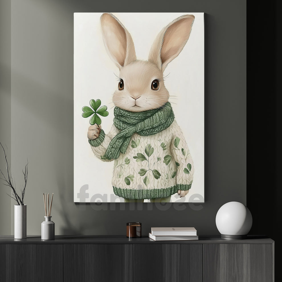 Four-Leaf Clover Canvas Painting, Lucky Little Bunny Holding A Clover ...