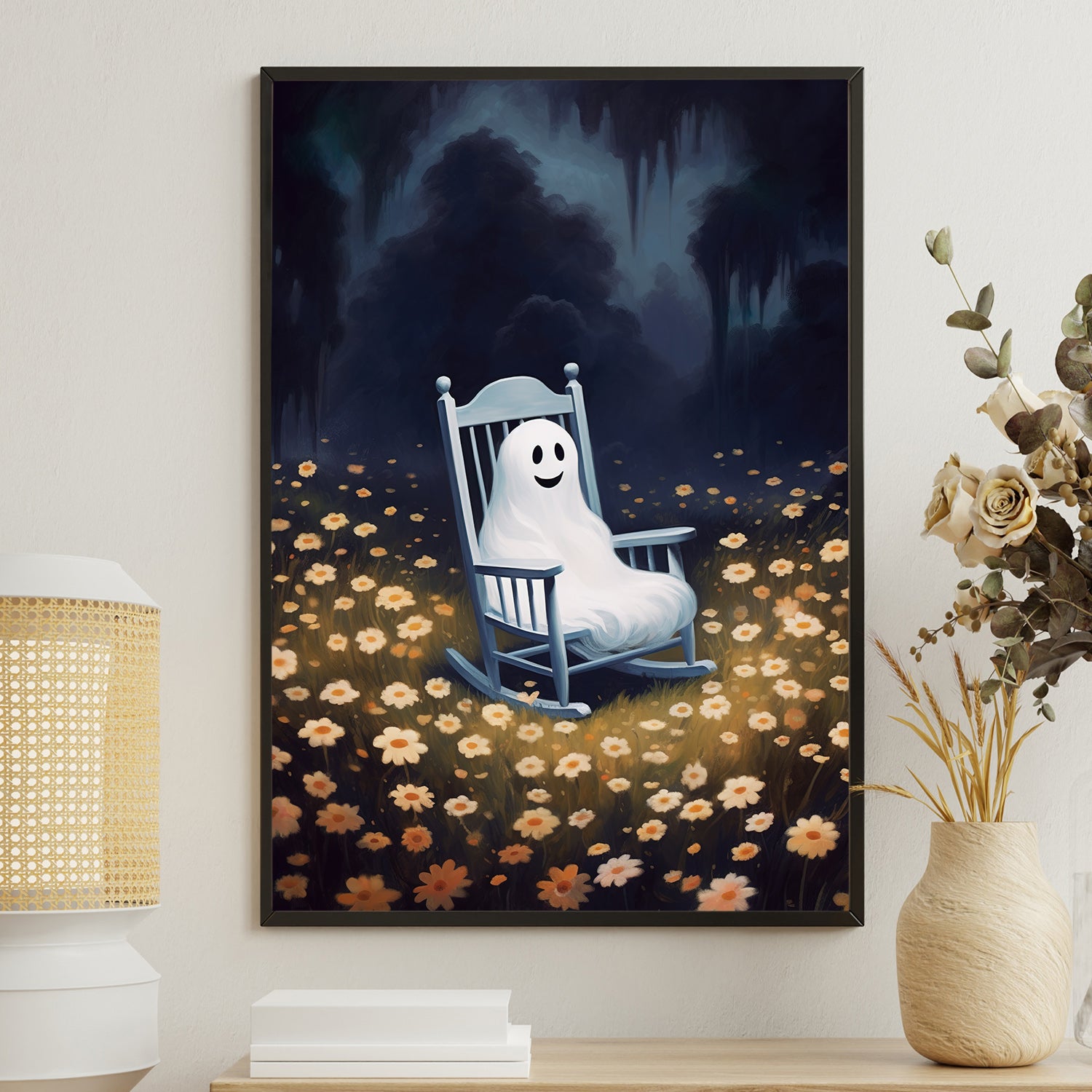 Cute Ghost On Rocking Chair, Ghost Canvas Painting, Forest Wall Art, S ...