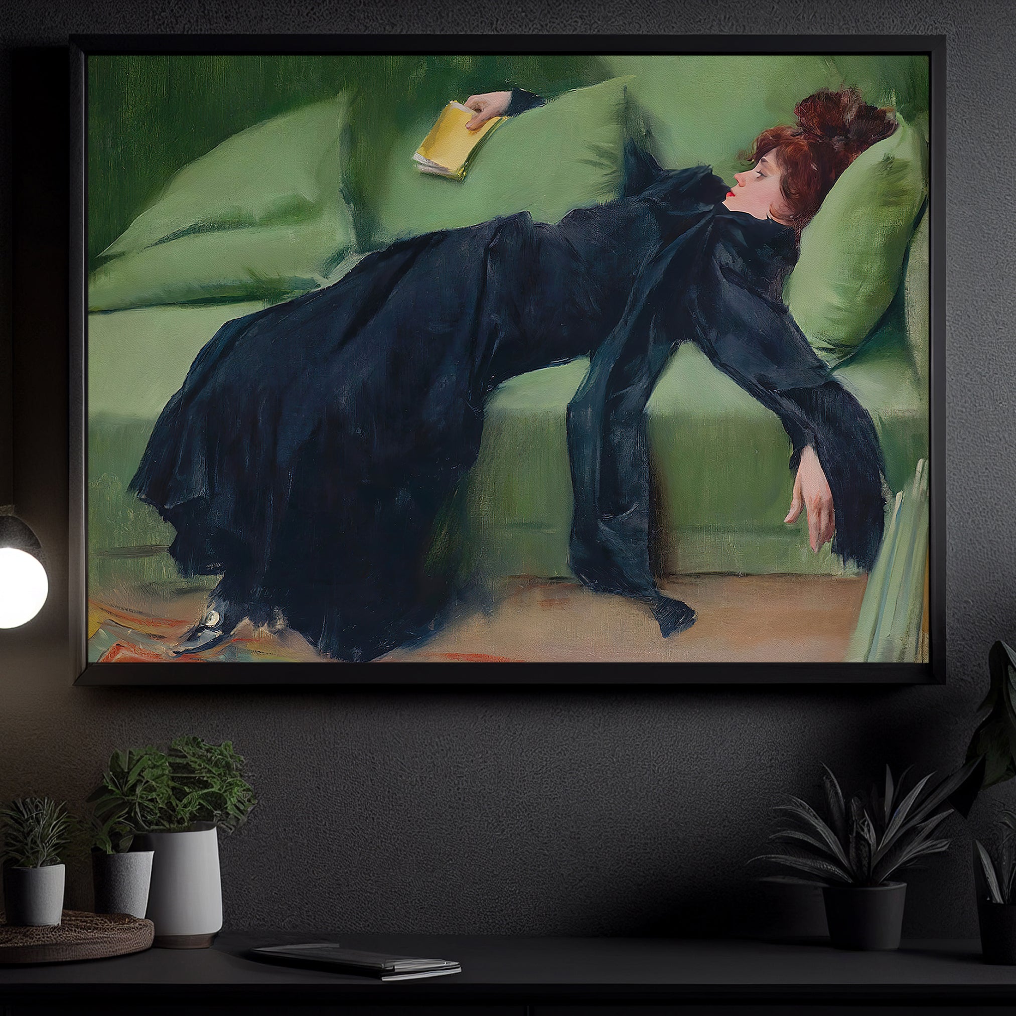 Funny Canvas Painting, Repose In Green And Black, Moody Woman Wall Art ...