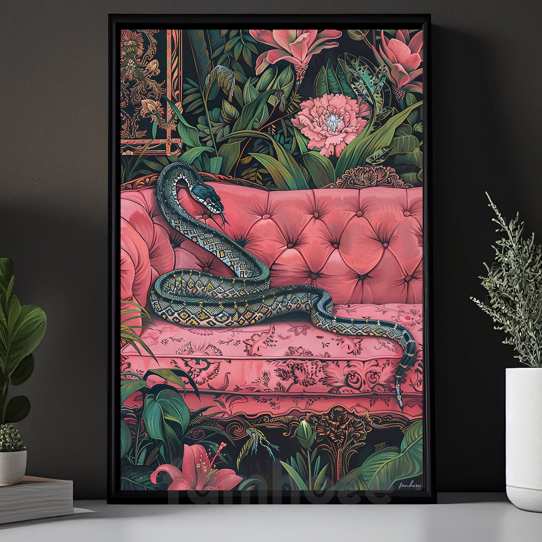 Tropical Snake Canvas Painting, Elegant Snake On Pink Sofa Wall Art De ...