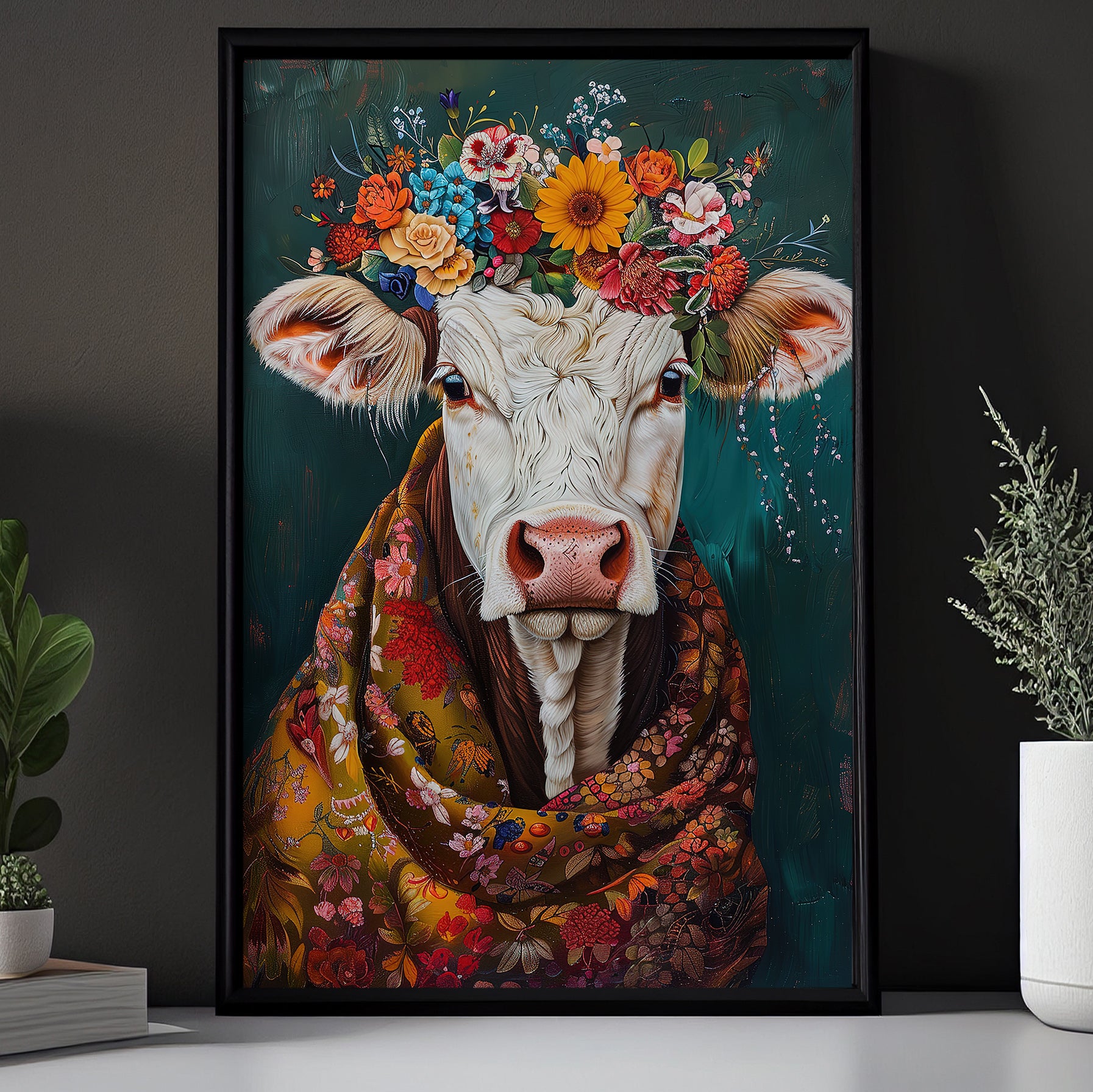 A Cow's Blossom Portrait, Floral Victorian Cow Canvas Painting, Victor ...
