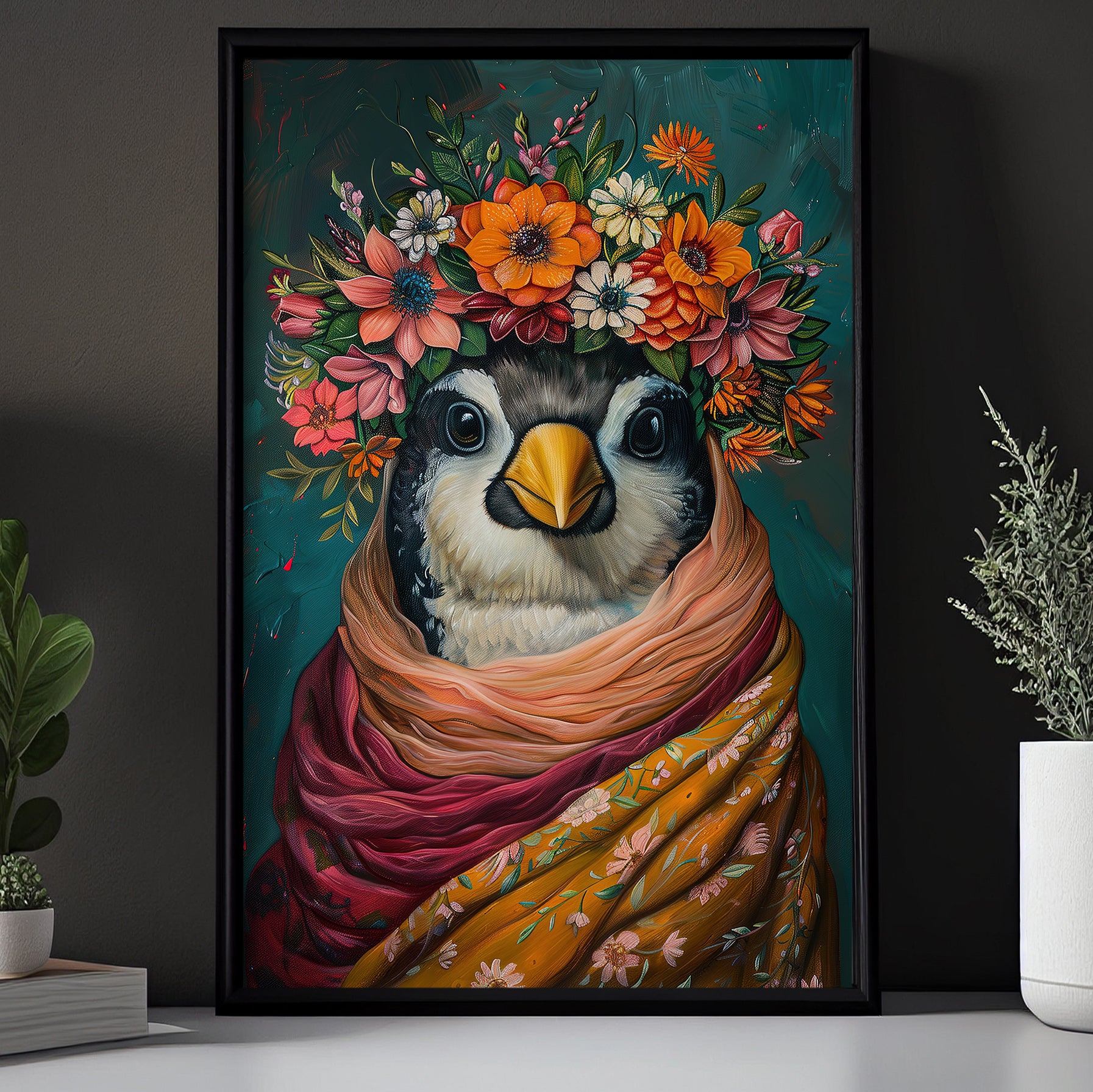 A Penguin's Blossom Portrait, Floral Victorian Penguin Canvas Painting ...