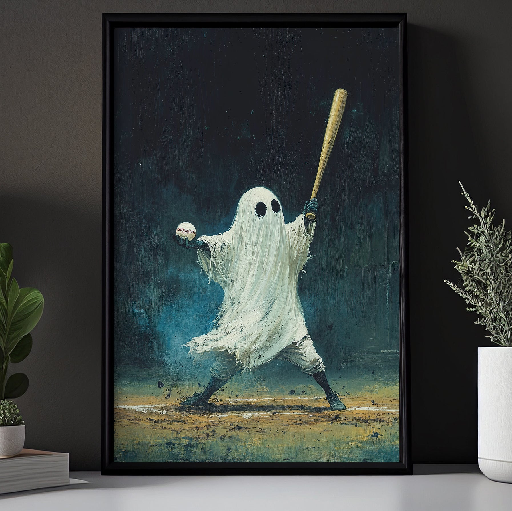 Ghost Plays Baseball, Baseball Canvas Painting, Spooky Season Wall Art ...