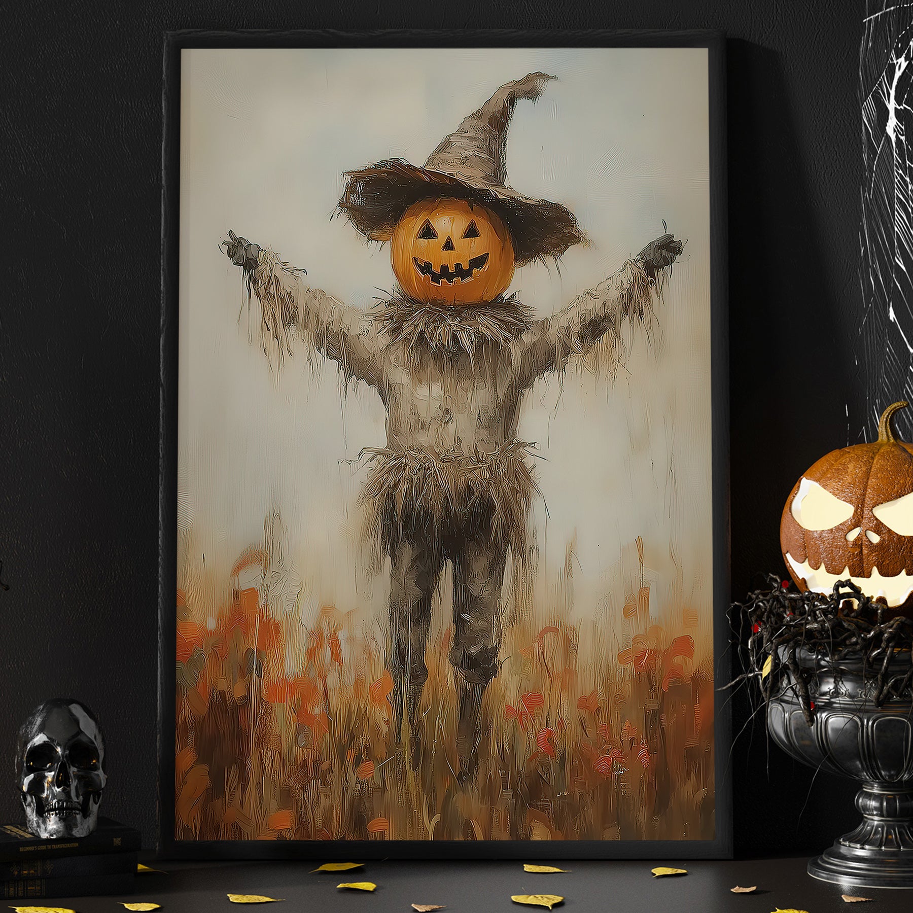 Interesting Scarecrow Halloween Canvas Painting, Scarecrow Pumpkin Hea ...