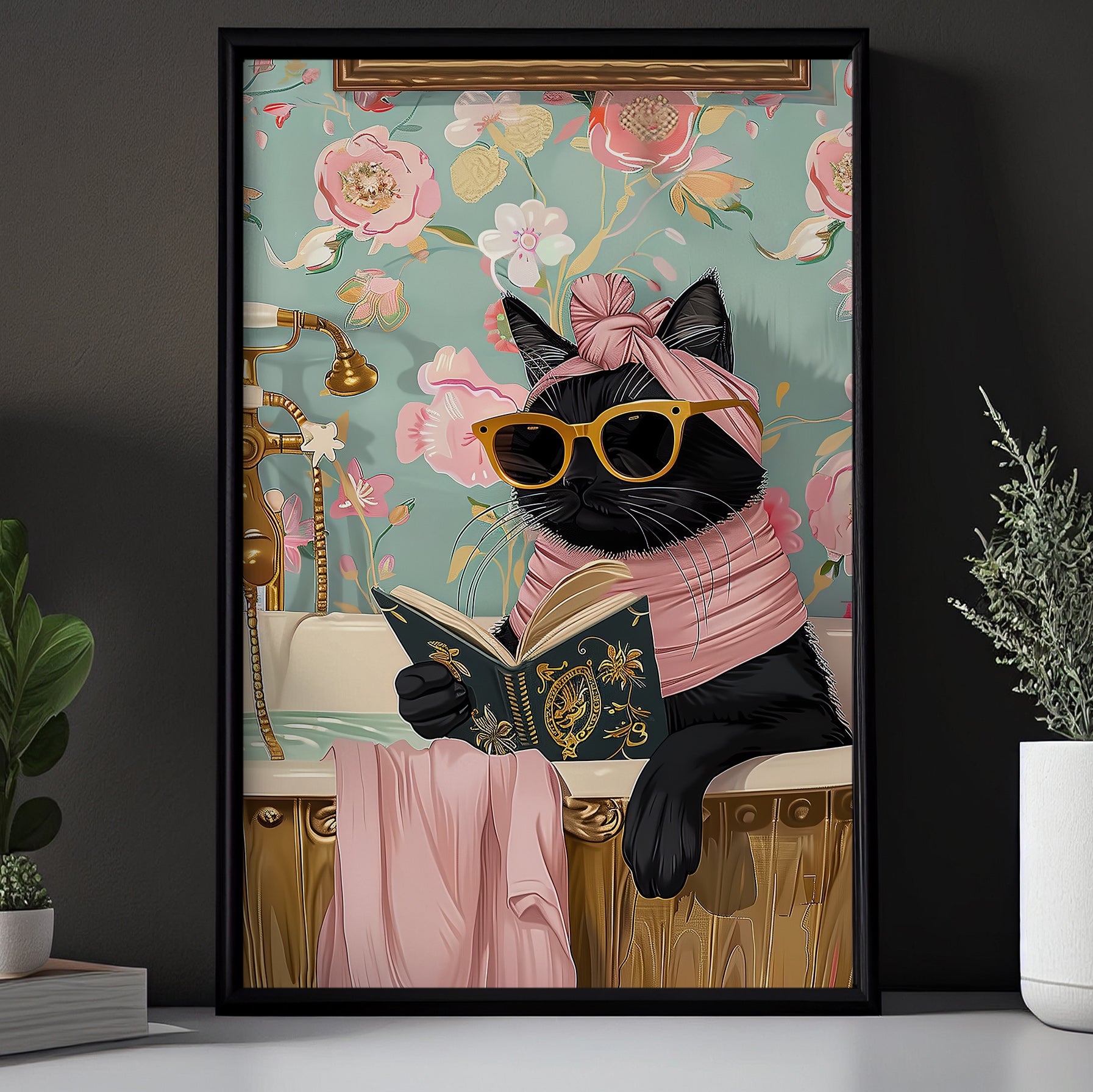 Reading In Style, Victorian Black Cat Bathroom Canvas Painting, Victor ...