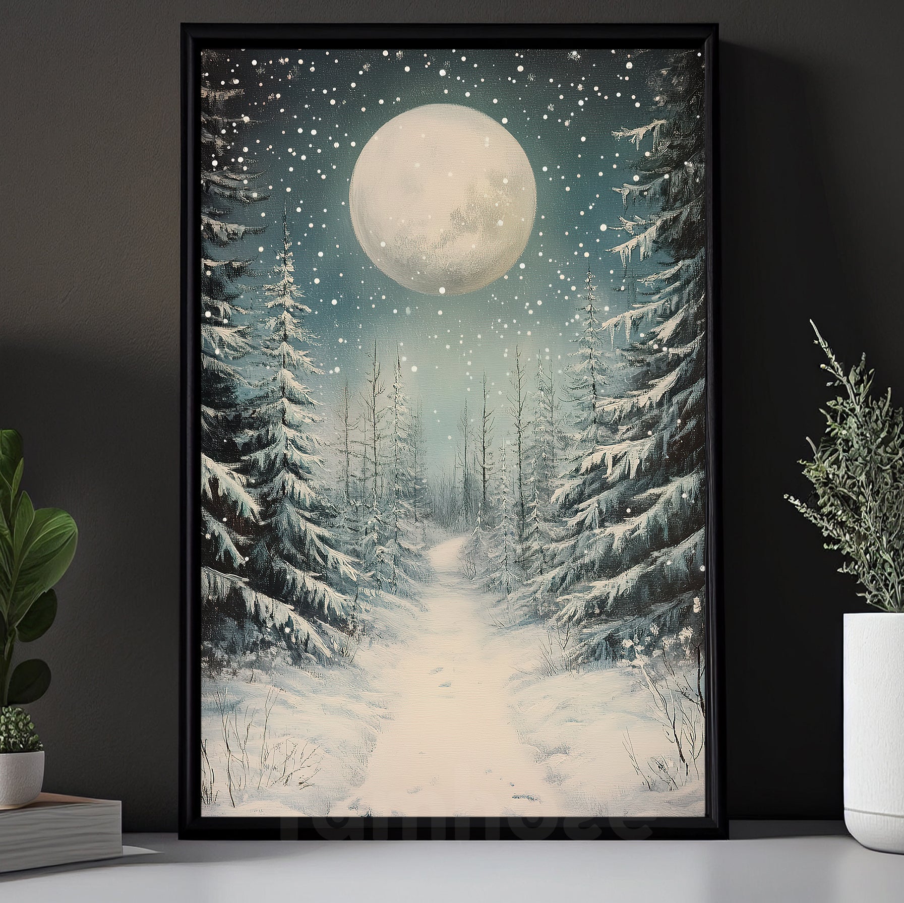 Vintage Christmas Canvas Painting, Night Moon Winter Path View Wall Ar ...