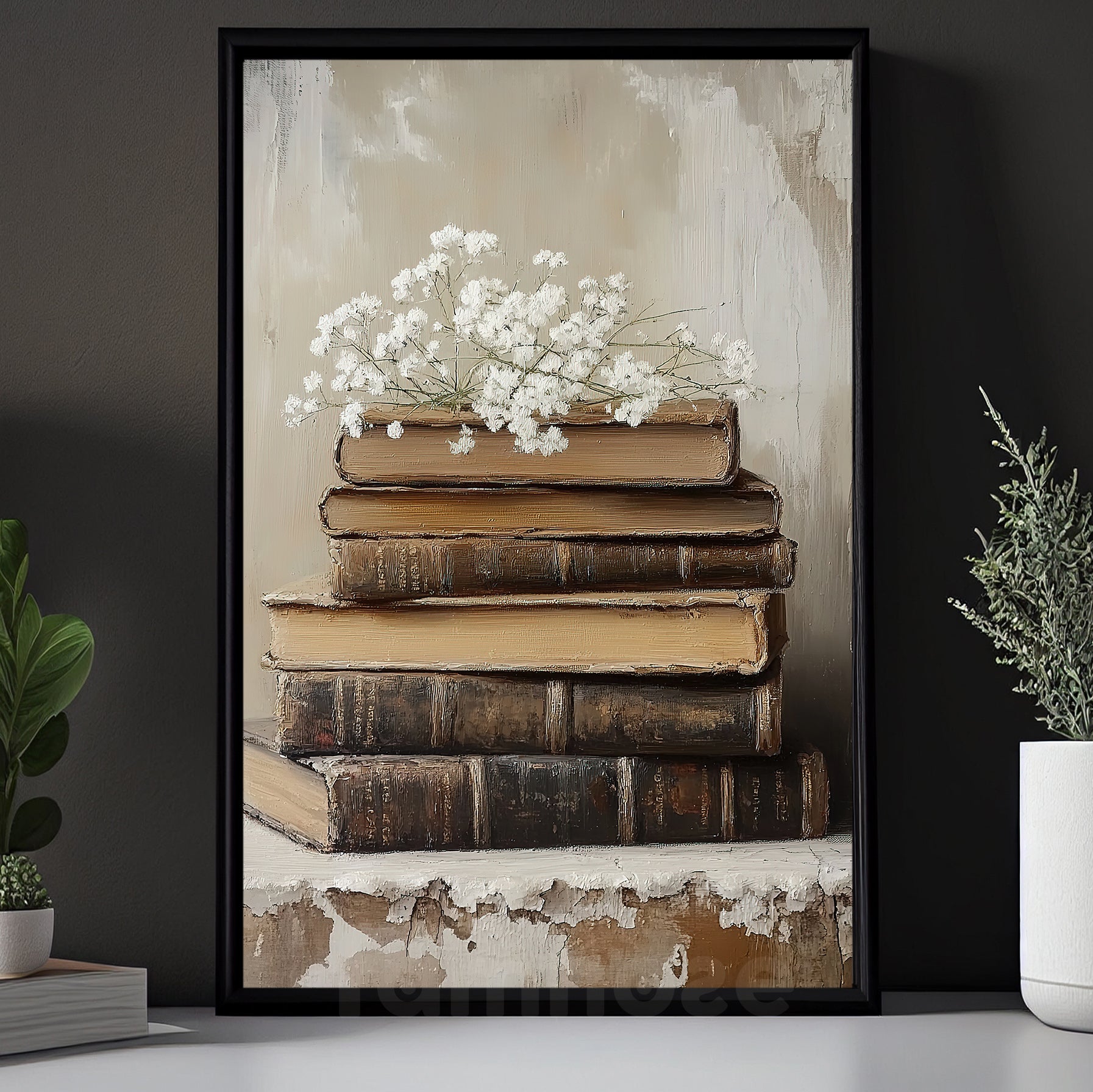 Vintage Book Canvas Painting, Bloom and Books: A Delicate Harmony Wall ...