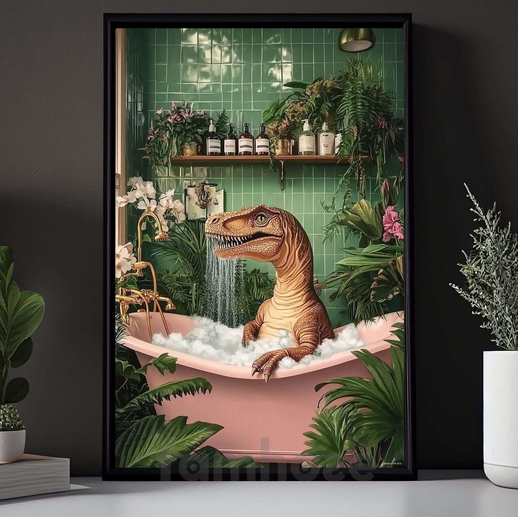 Funny T-Rex Bathroom Canvas Painting, Relaxing Dinosaur Wall Art Decor ...