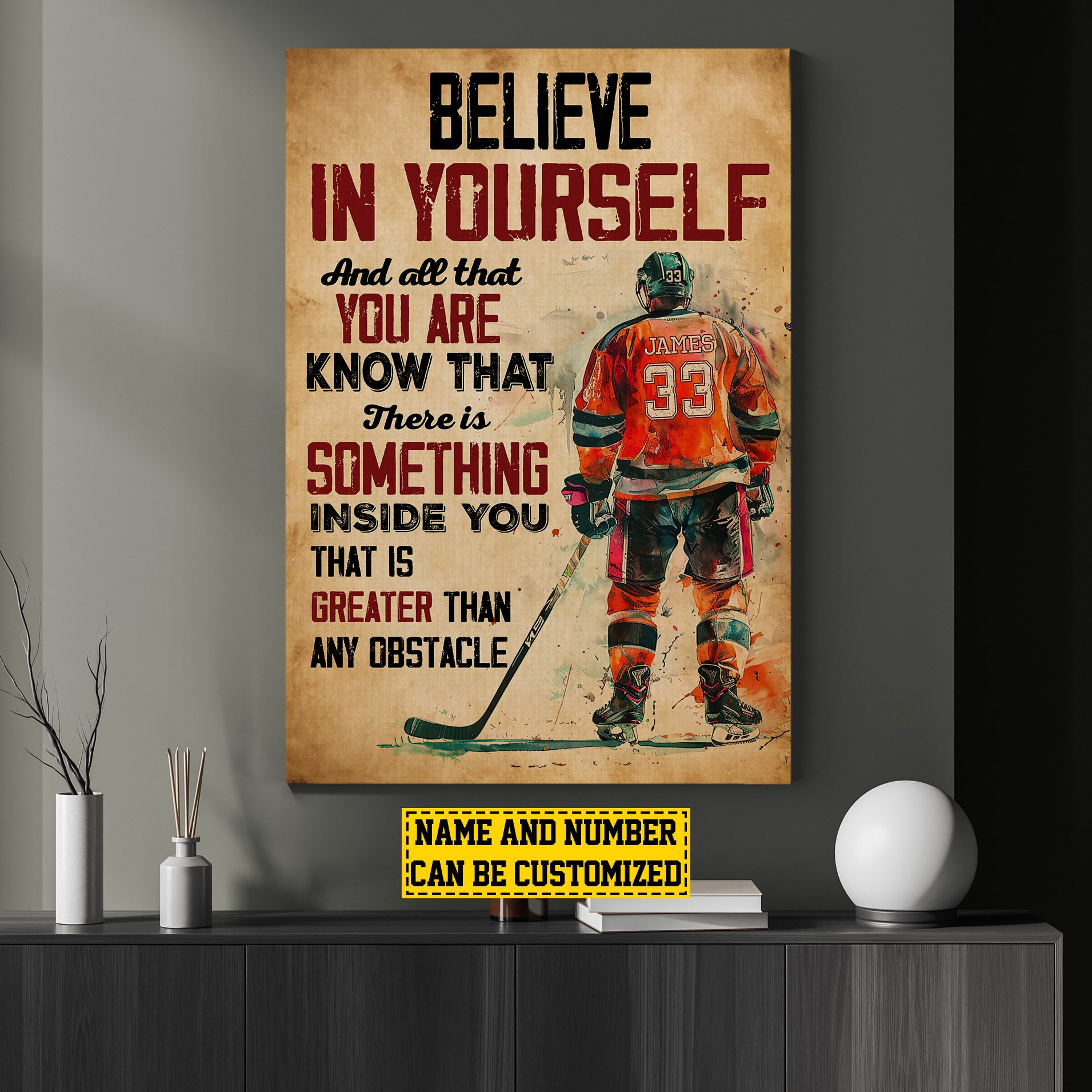 Personalized Motivational Hockey Canvas Painting, Believe In Yourself ...
