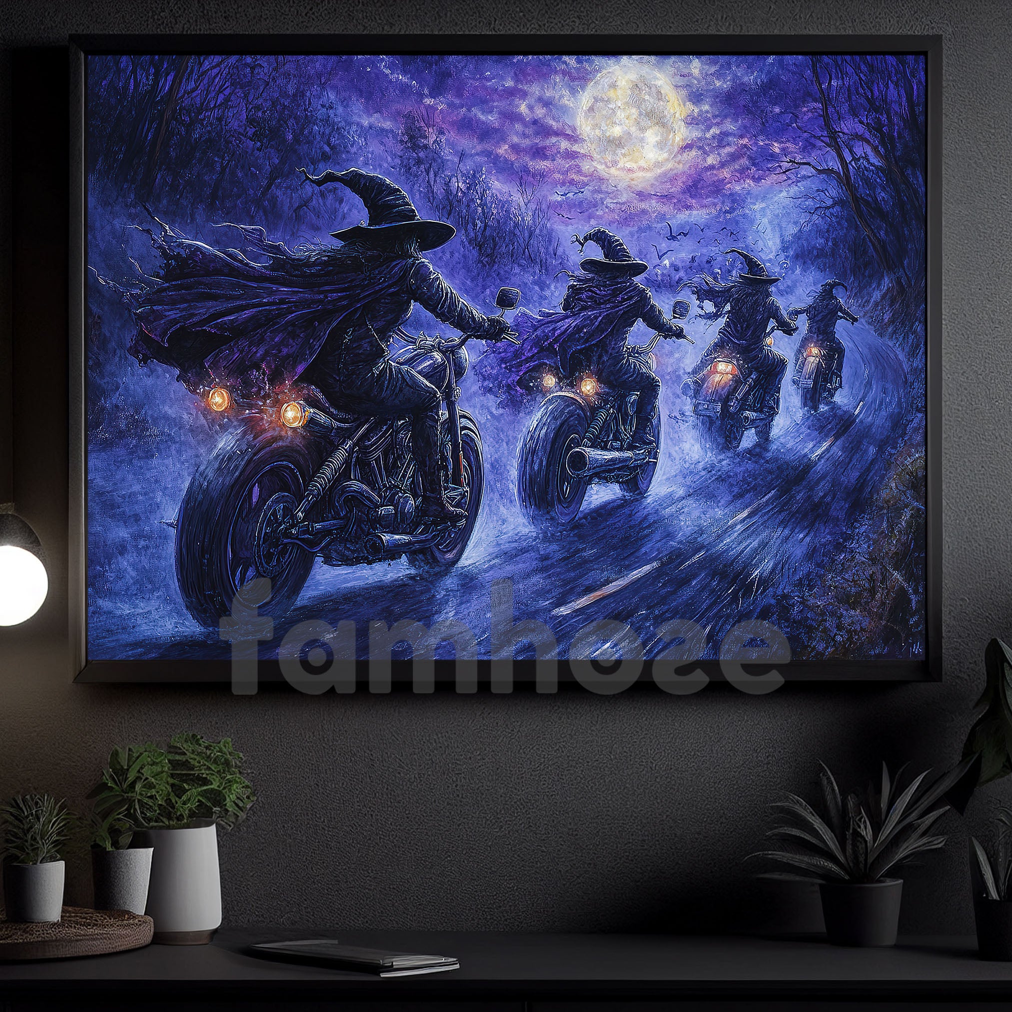 Halloween Motorcycle Witch Canvas Painting, Midnight Highway Coven Wal ...