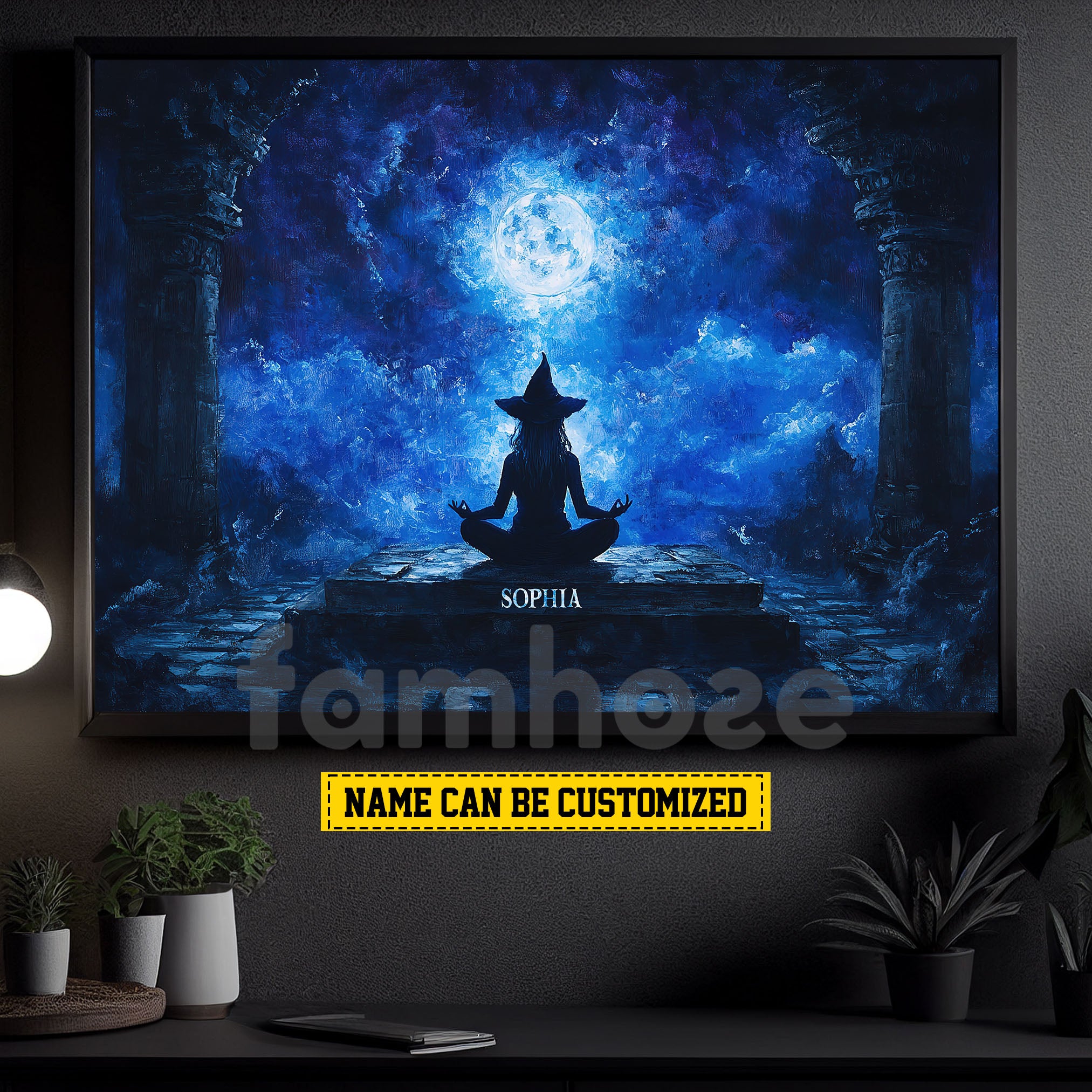 Vintage Personalized Halloween Meditation Witch Canvas Painting, Lunar ...