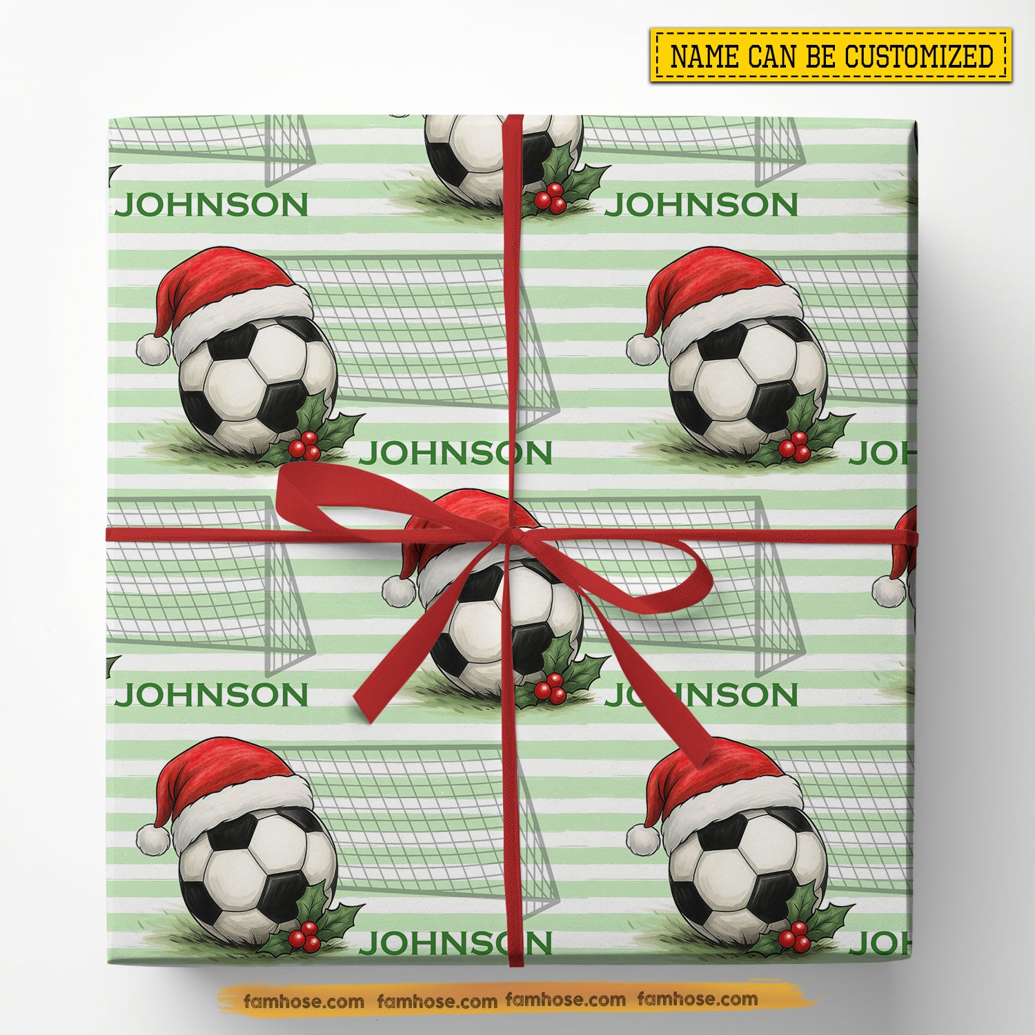Personalized Christmas Soccer Wrapping Paper, Ball Wears Santa Hat In ...