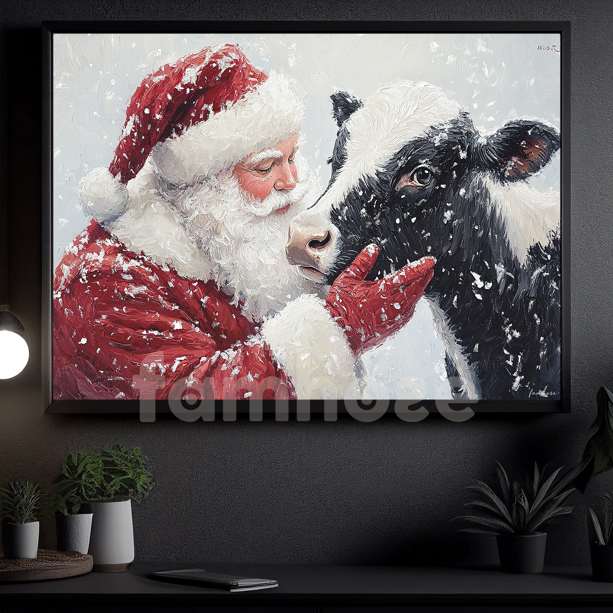 Christmas Heifer Canvas Painting, Rustic Santa And Heifer Wall Art Dec ...