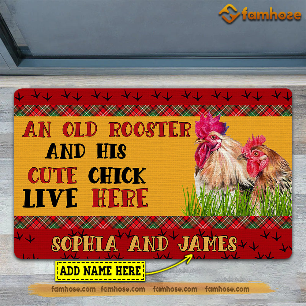 Personalized Chicken Doormat, An Old Rooster His Cute Chick Live Here ...